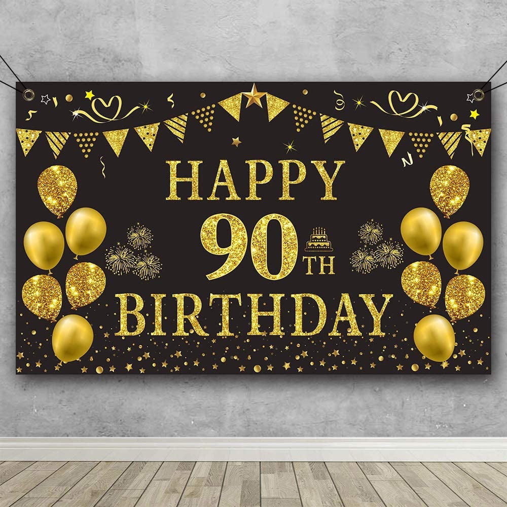 90th Birthday Backdrop Gold and Black Happy Birthday Party Decorations ...