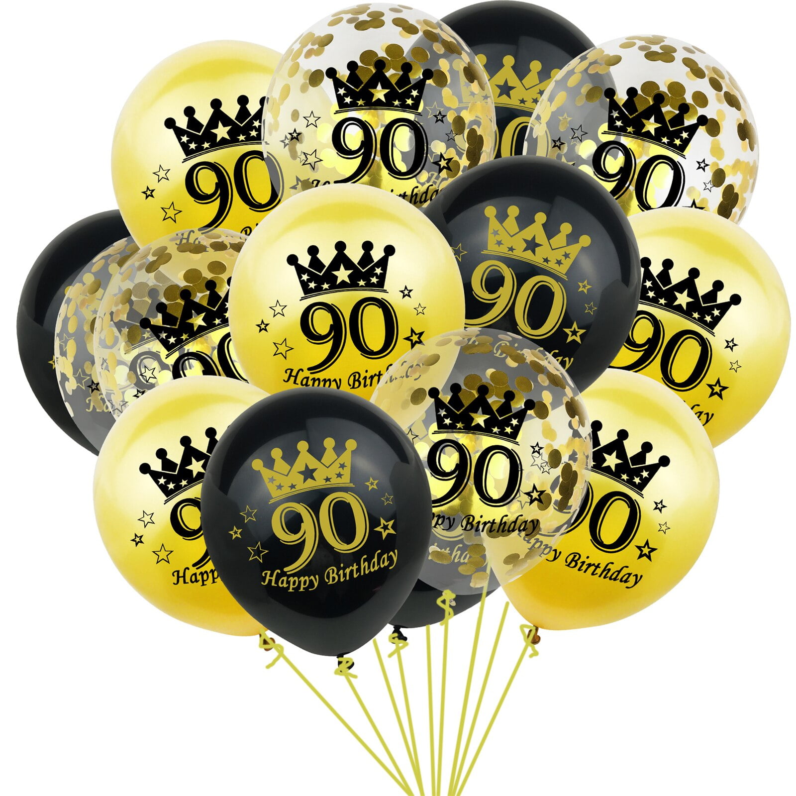 90th Birthday Balloons, 15pcs Black Gold Confetti Latex Balloons ,90th ...