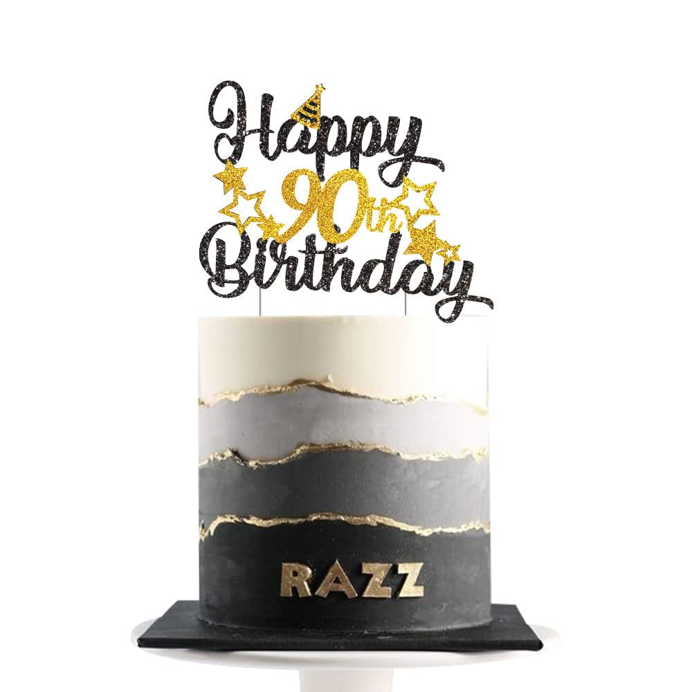 90th Birthday Cake Topper, Black Gold Glitter Cupcake Topper for Happy ...