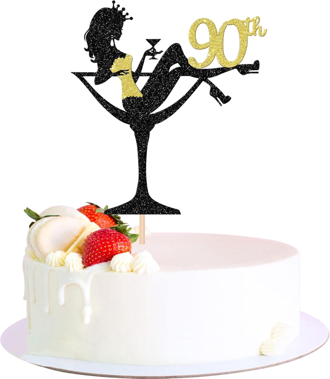 90th Birthday Cake Topper, Black Gold Glitter Martini Glass Queen ...
