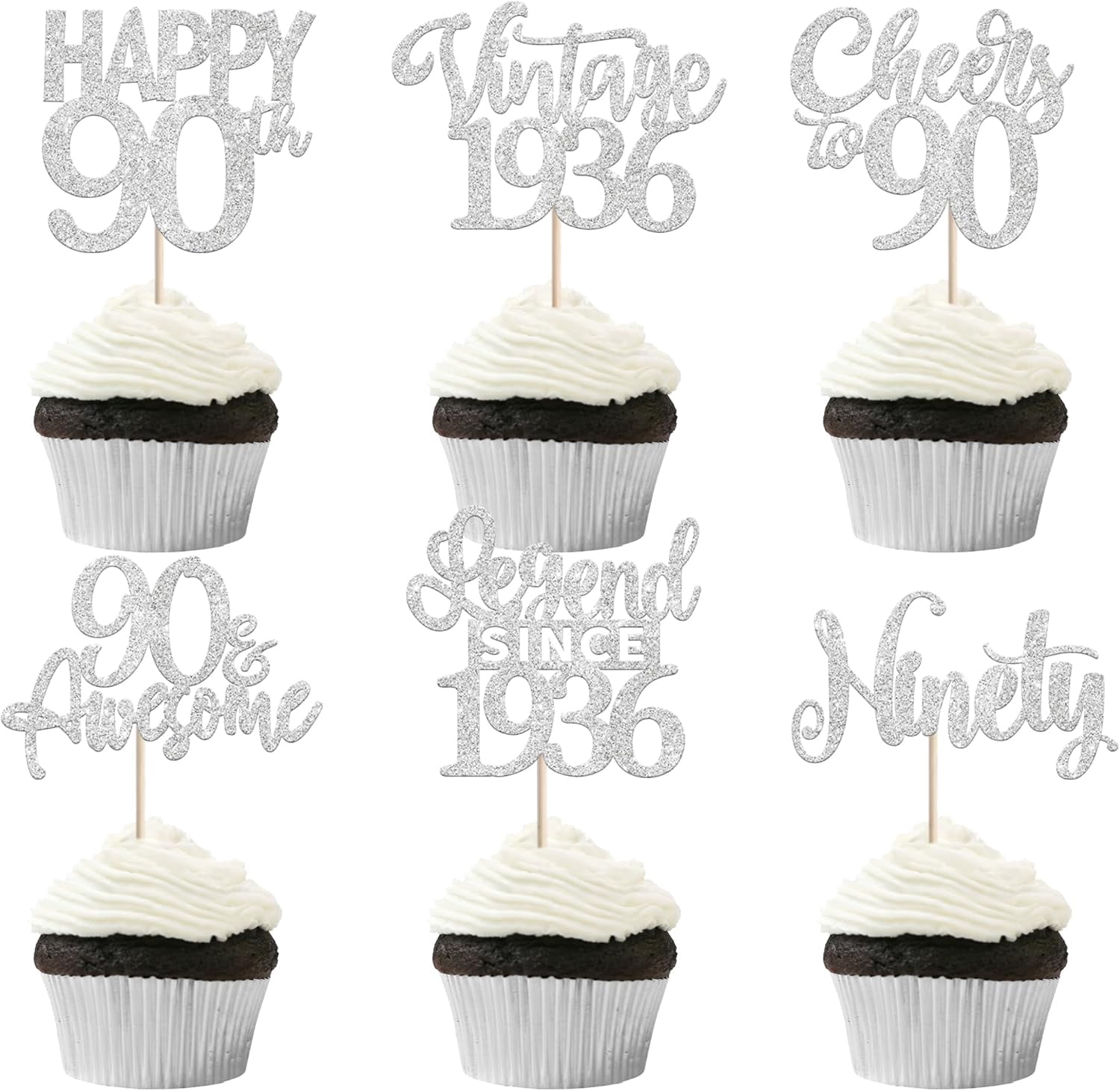 90th Birthday Cupcake Toppers - Silver Glitter Picks for 90th Birthday ...
