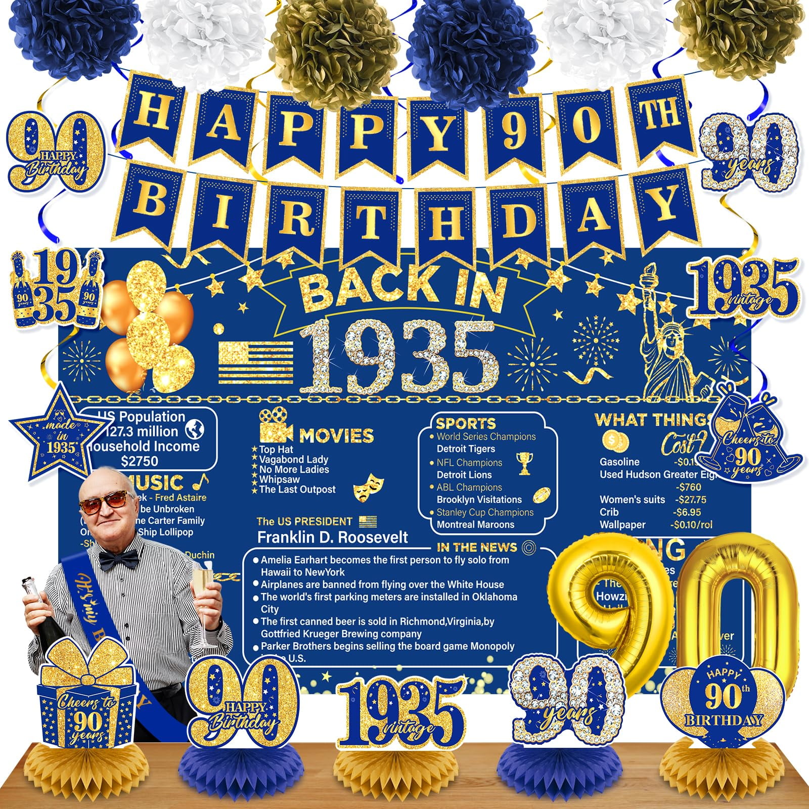 90th Birthday DecorationsTRDN for Men Women Navy Blue Gold in 1935 Banner Happy 90th Birthday ...