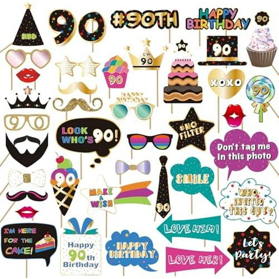 90th Birthday Party Photo Booth Props Accessories, 90th Happy Birthday ...