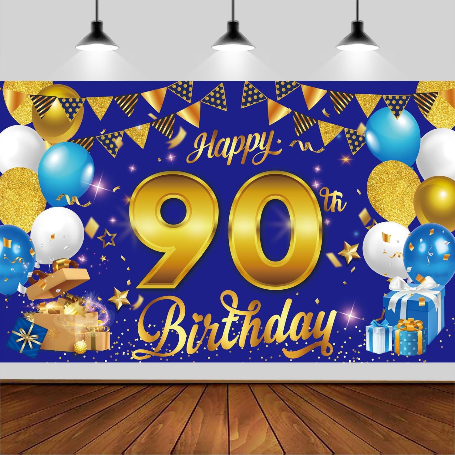 90th Blue Gold Birthday Backdrop Happy Birthday Photography Background ...