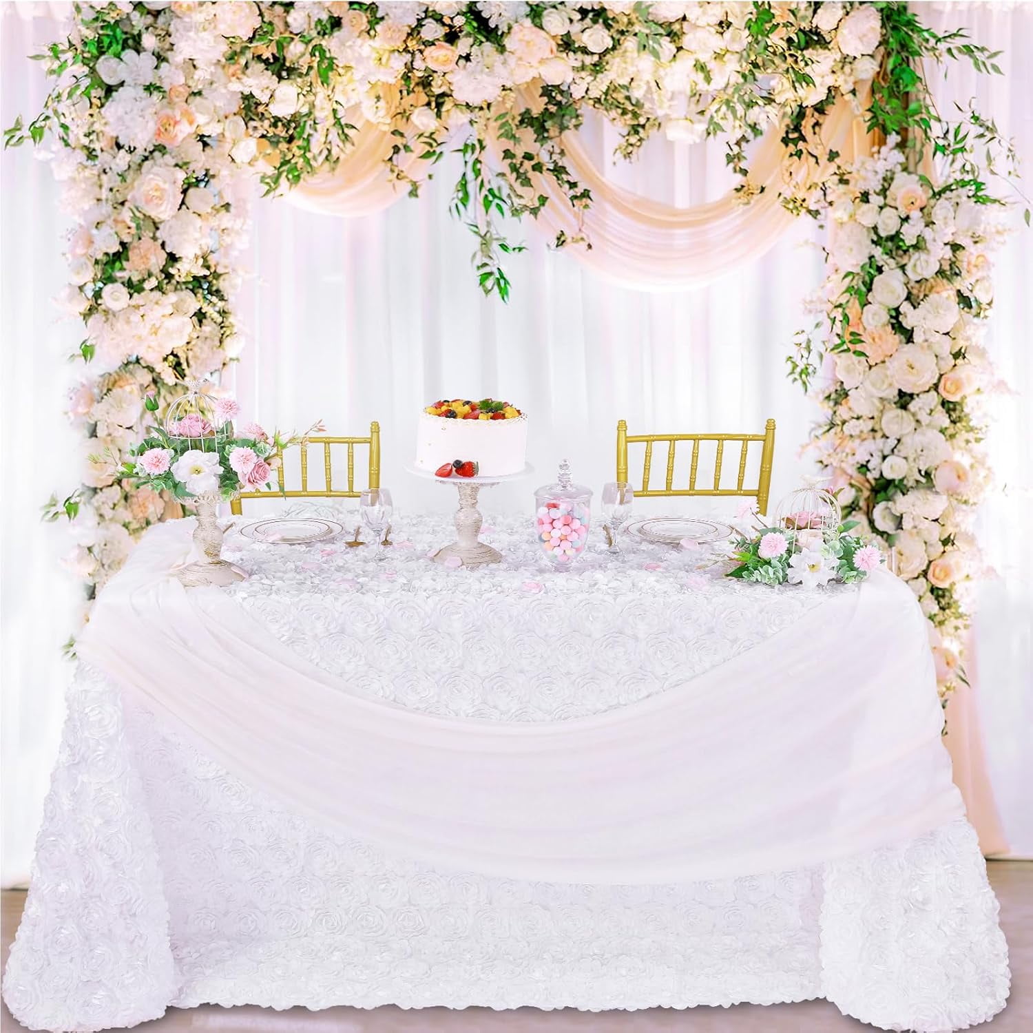 90x156 Inch Rectangle 3D Floral Rosettes White Wedding Tablecloth ...