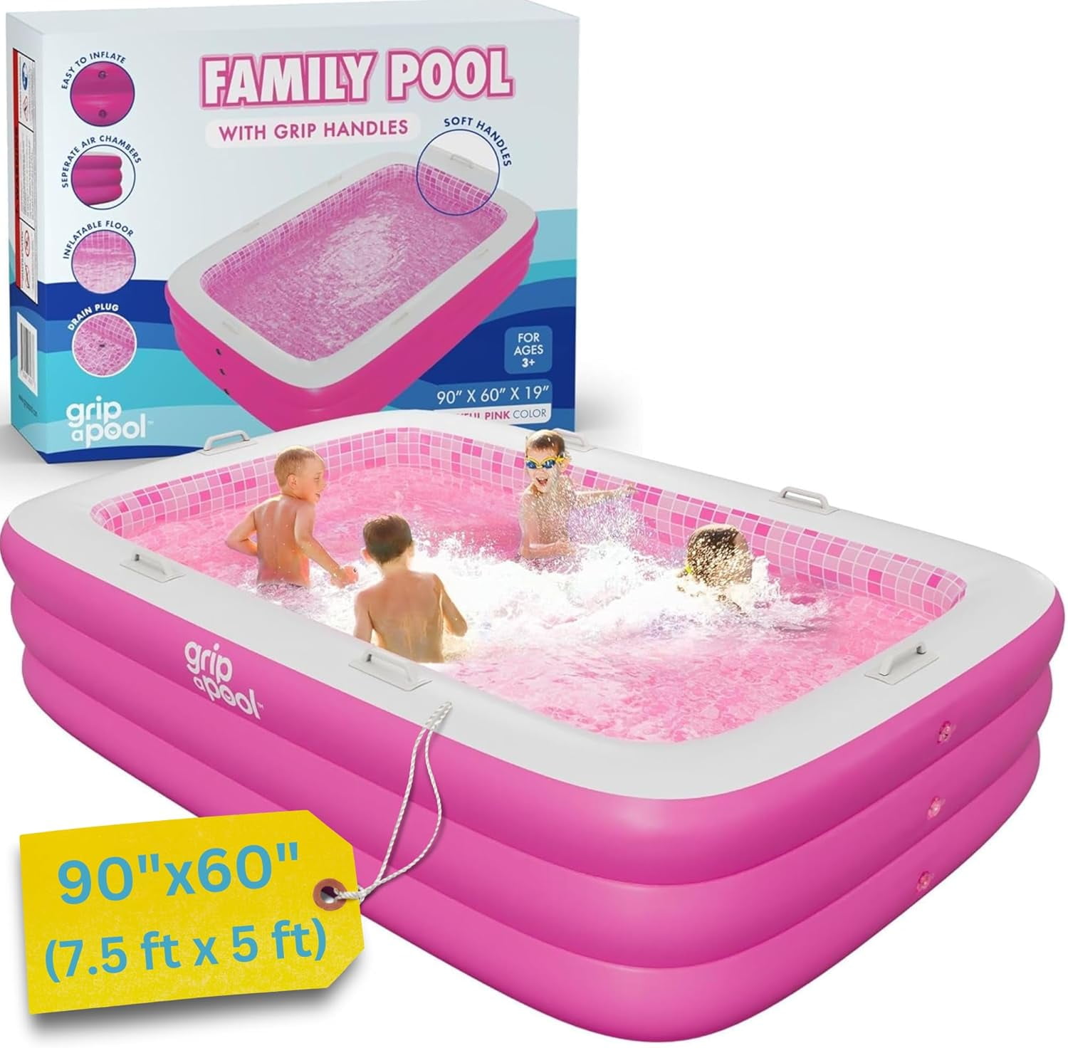 90x60 Inflatable Swimming Pool with Soft Padded Floor & Handles, Family ...