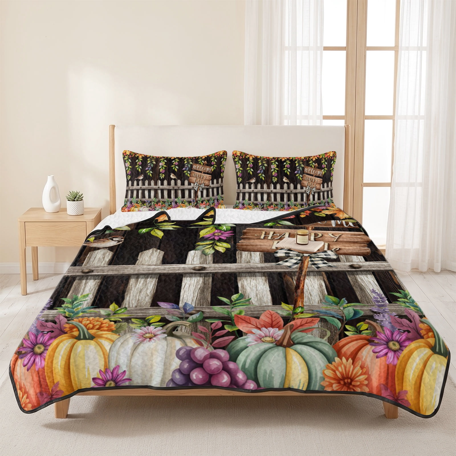 90x96in Quilt Bedding Set, Autumn Pumpkin Flower Leaf Lightweight ...