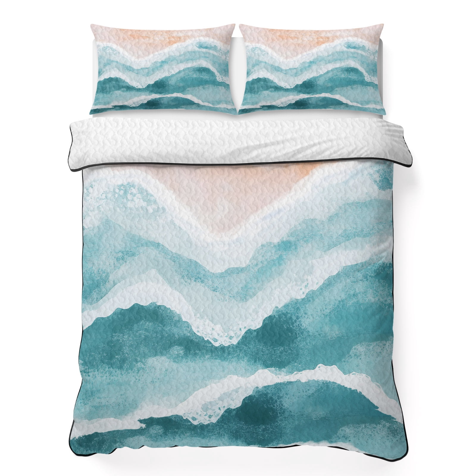 Queen Quilt Bedding Set Blue Gradient Water Ripples Beach Breathable ...