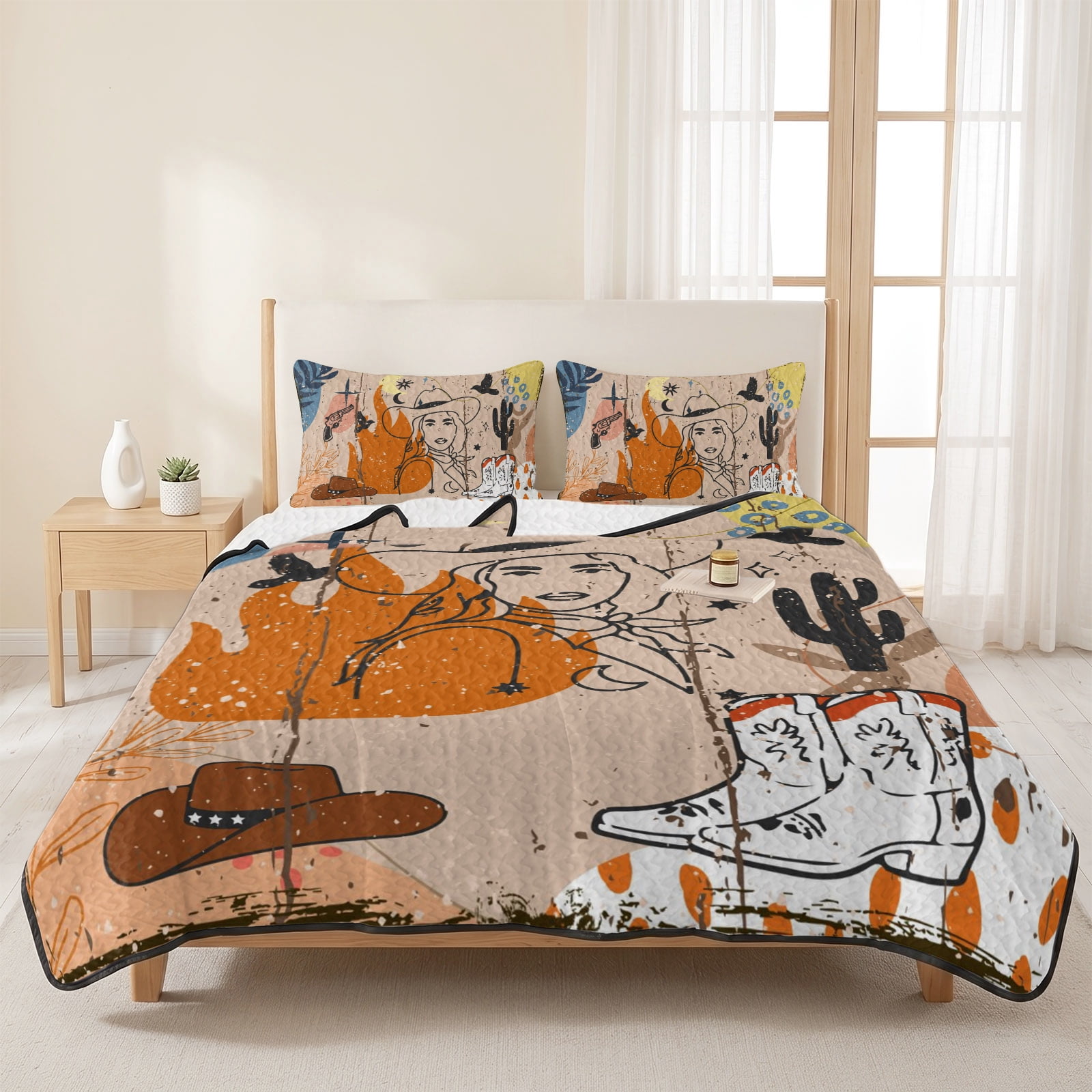 90x96in Quilt Bedding Set, Boho Retro Sketch Western Cowboy Lightweight ...