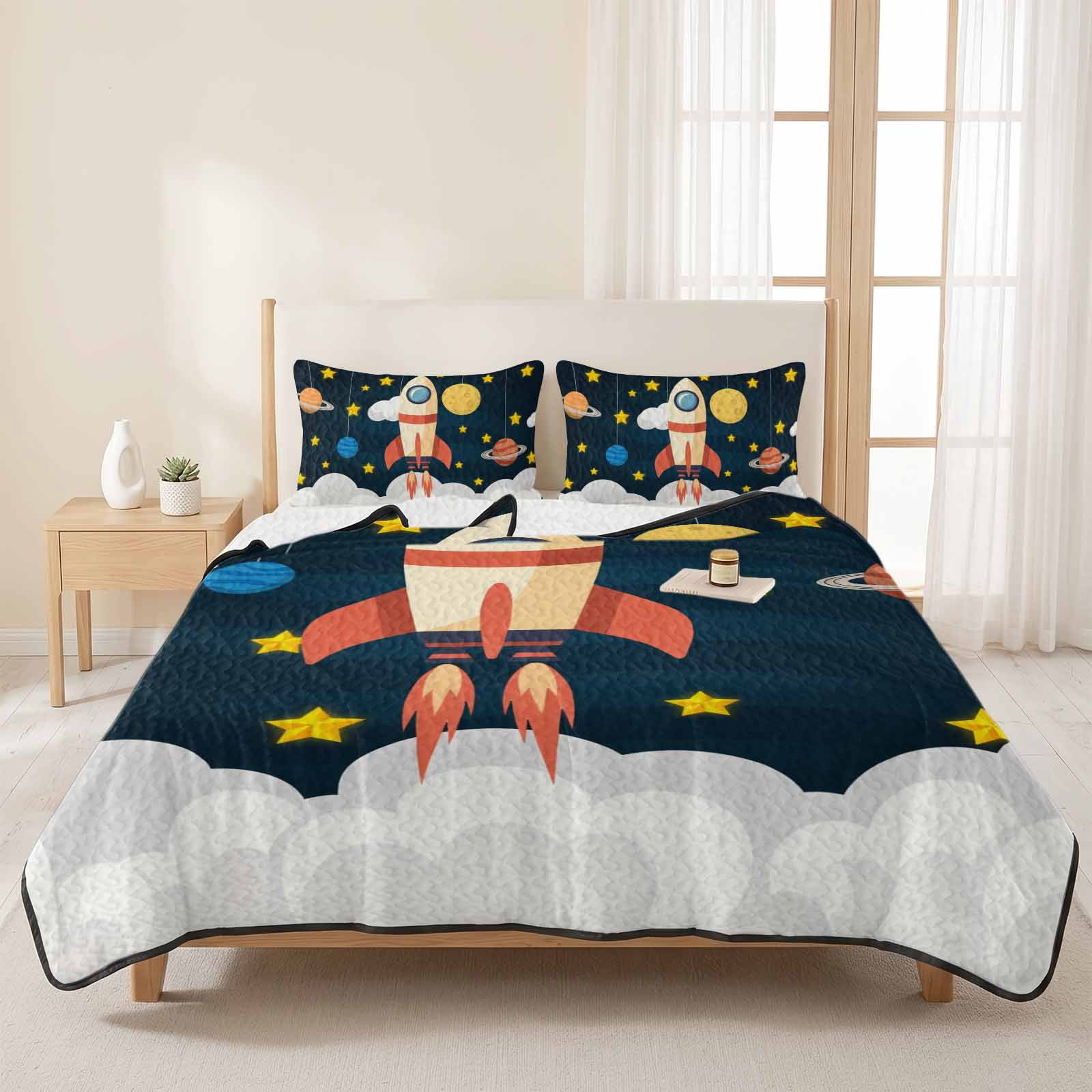 90x96in Quilt Bedding Set, Cartoon Rocket Colorful Planet Lightweight ...