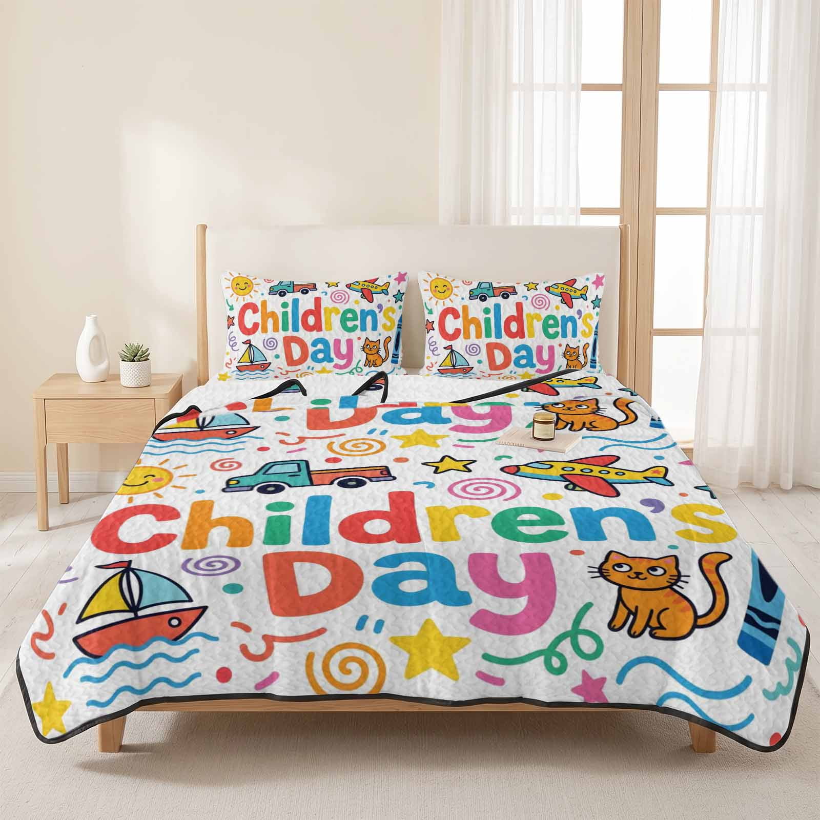 90x96in Quilt Bedding Set, Children's Day Trucks Sailboats Crayons ...