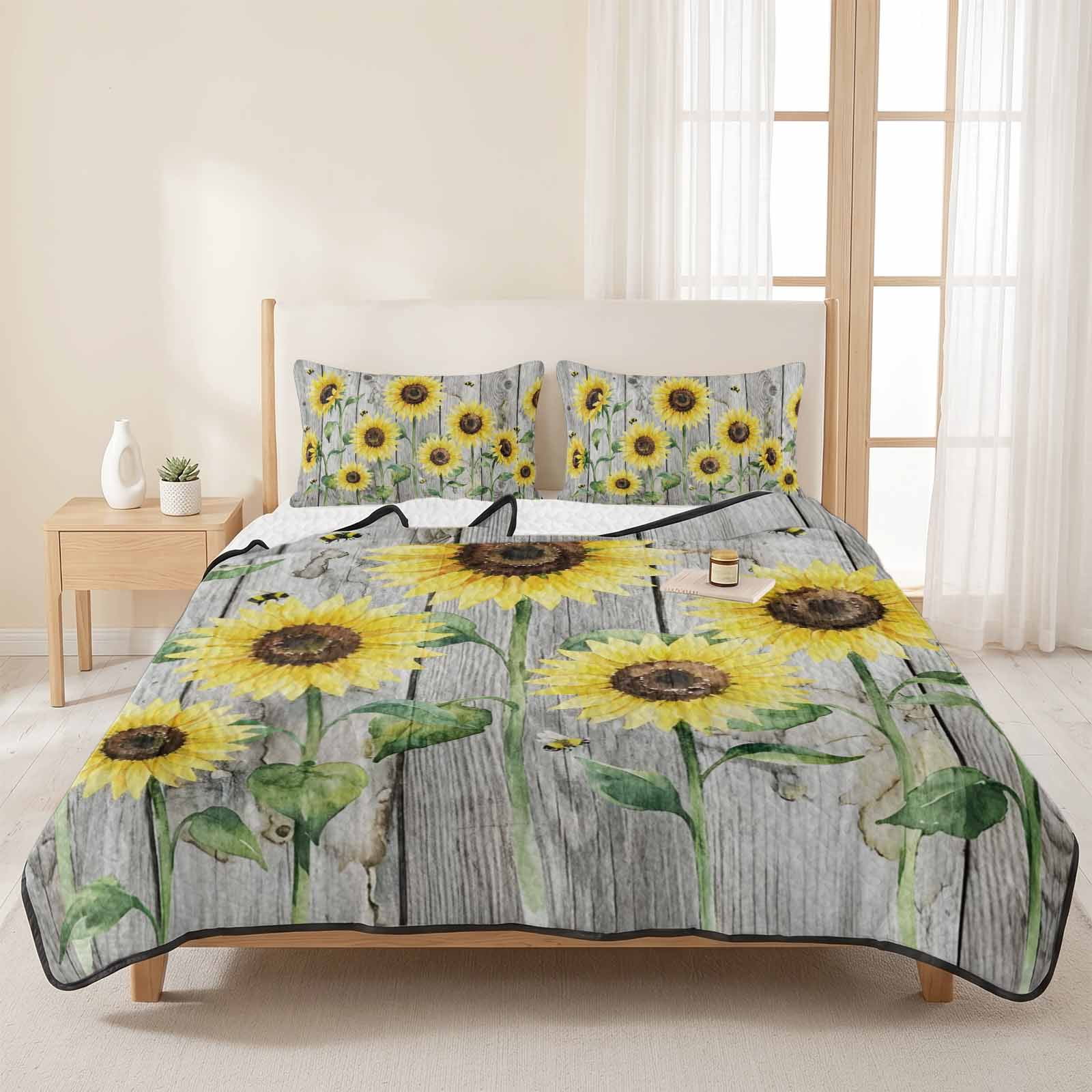 90x96in Quilt Bedding Set, Country Sunflower Bee Retro Wooden ...