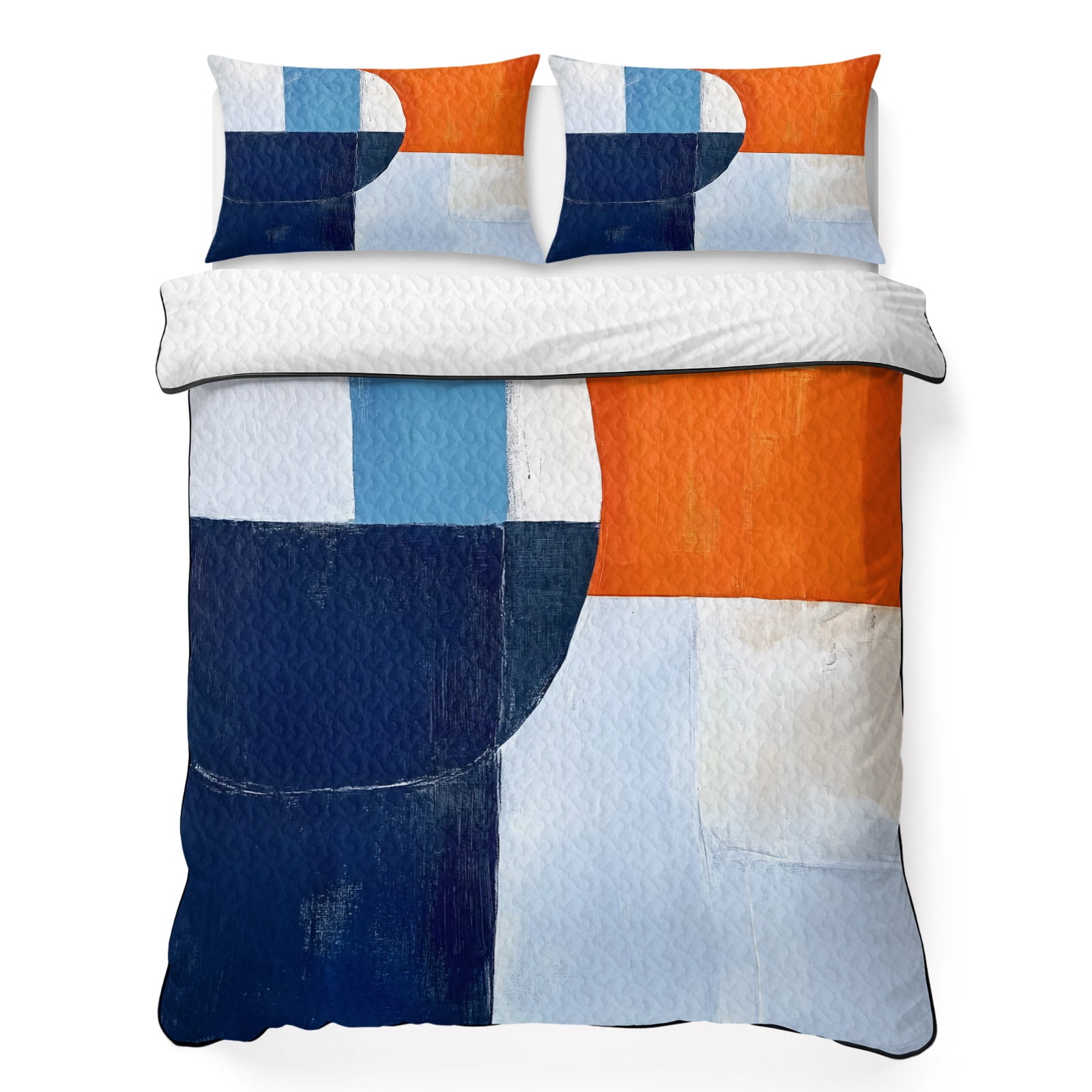 Queen Quilt Bedding Set Dark Blue Gradient Color Block Breathable ...