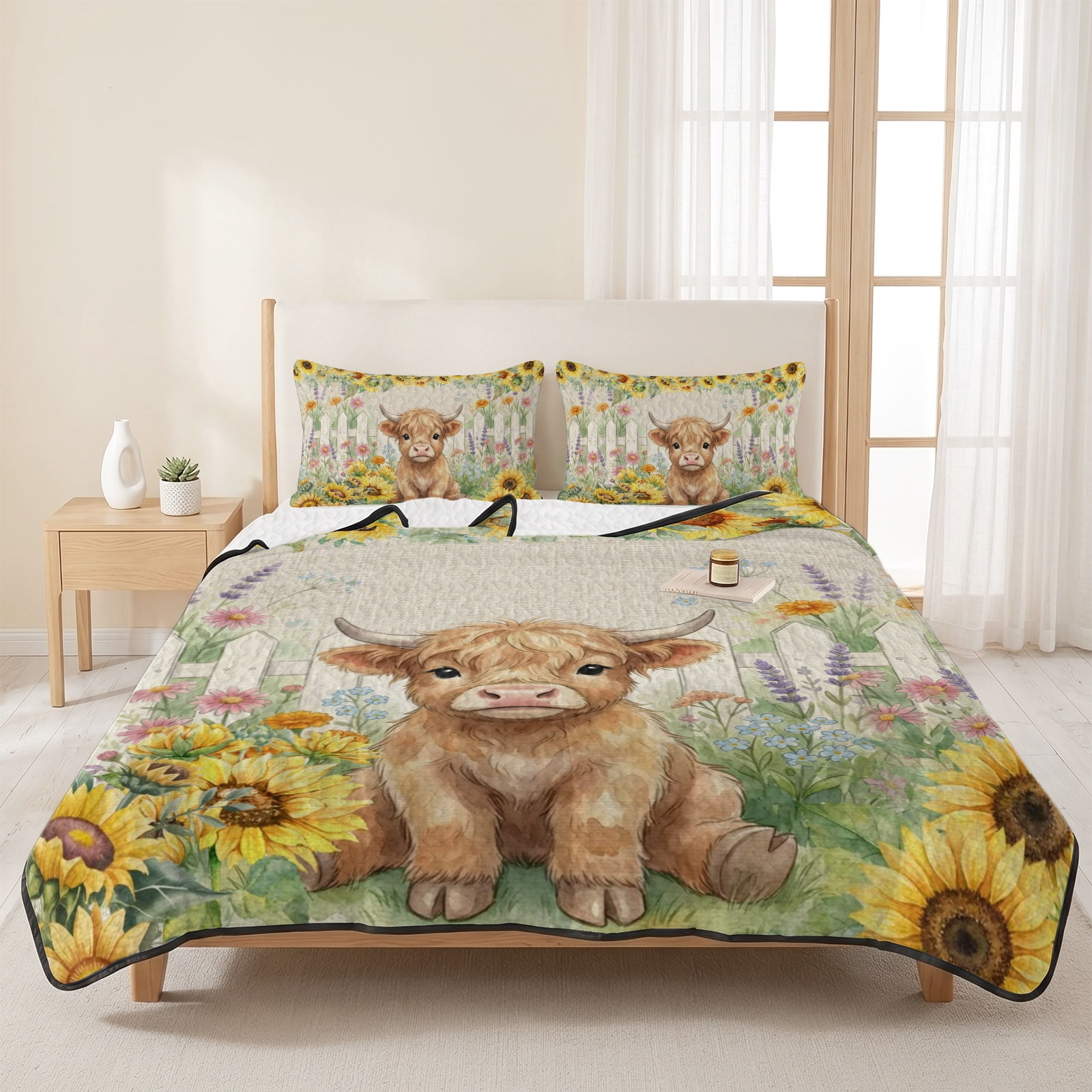 90x96in Quilt Bedding Set, Farm Cow Blossom Sunflower Lightweight ...