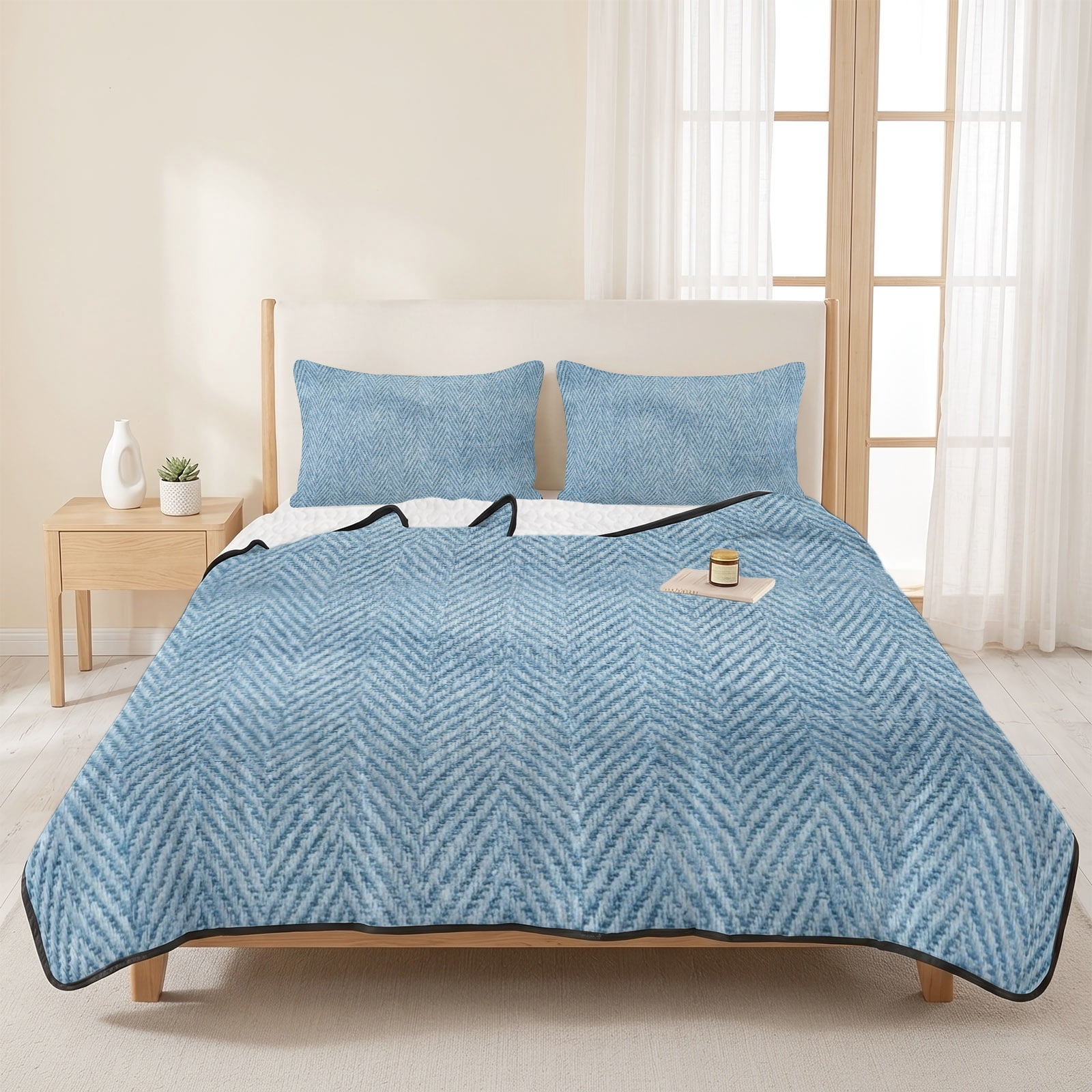 90x96in Quilt Bedding Set, Farmhouse Blue Stripe Lightweight Coverlet ...