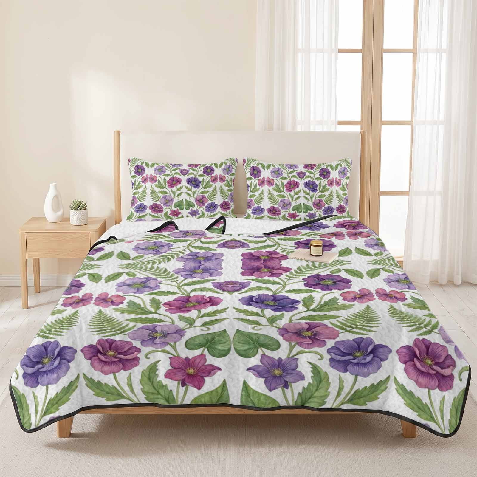 90x96in Quilt Bedding Set, Gradient Purple Flowers Leaves and Pastoral ...