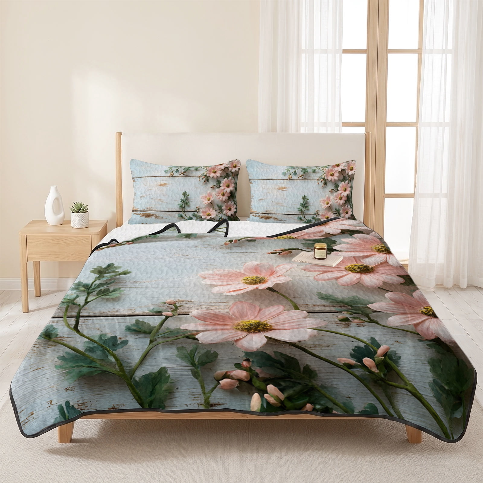 90x96in Quilt Bedding Set, Idyllic Flowers on Teal Wooden Lightweight ...