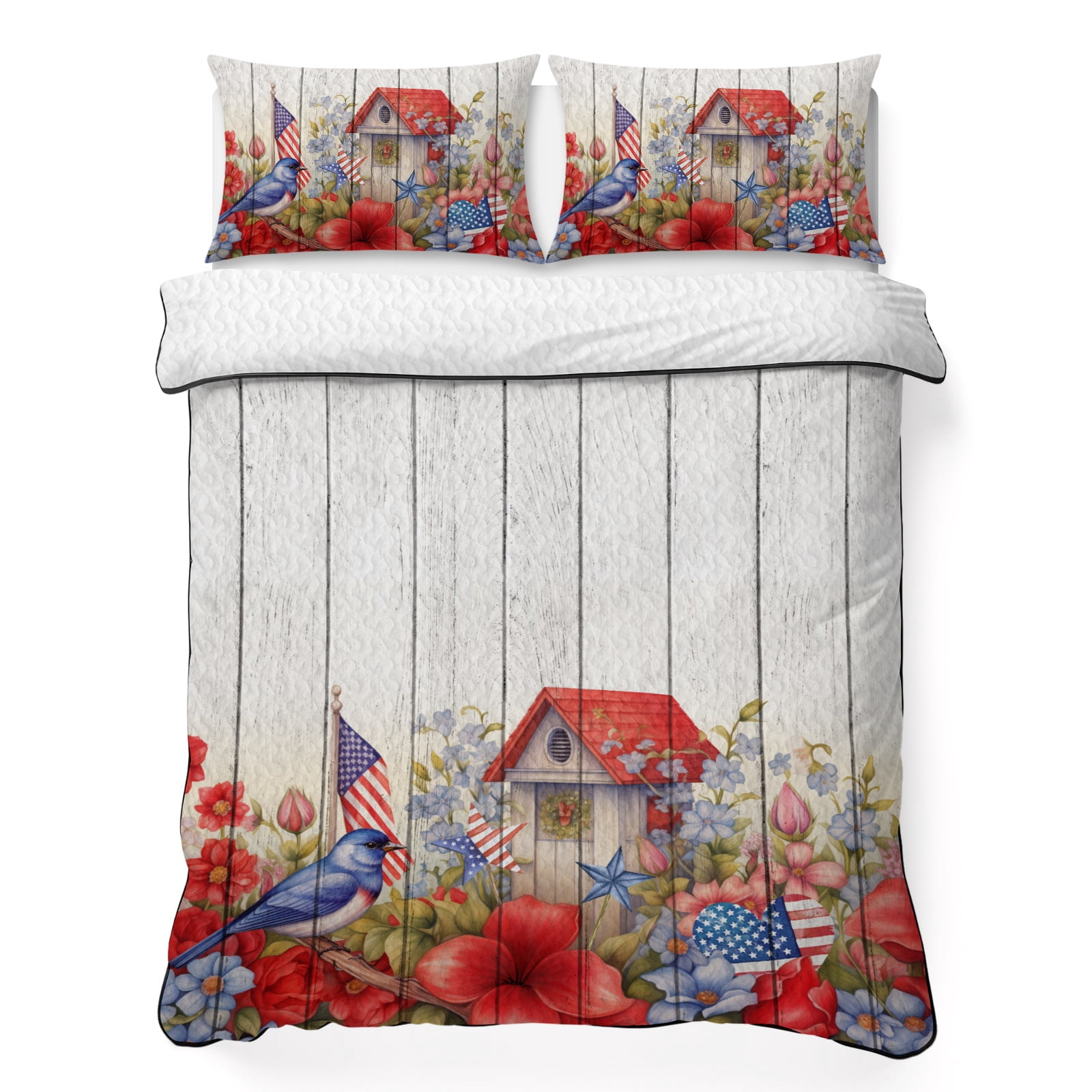 Queen Quilt Bedding Set Independence Day Flower Bird Flag Breathable ...