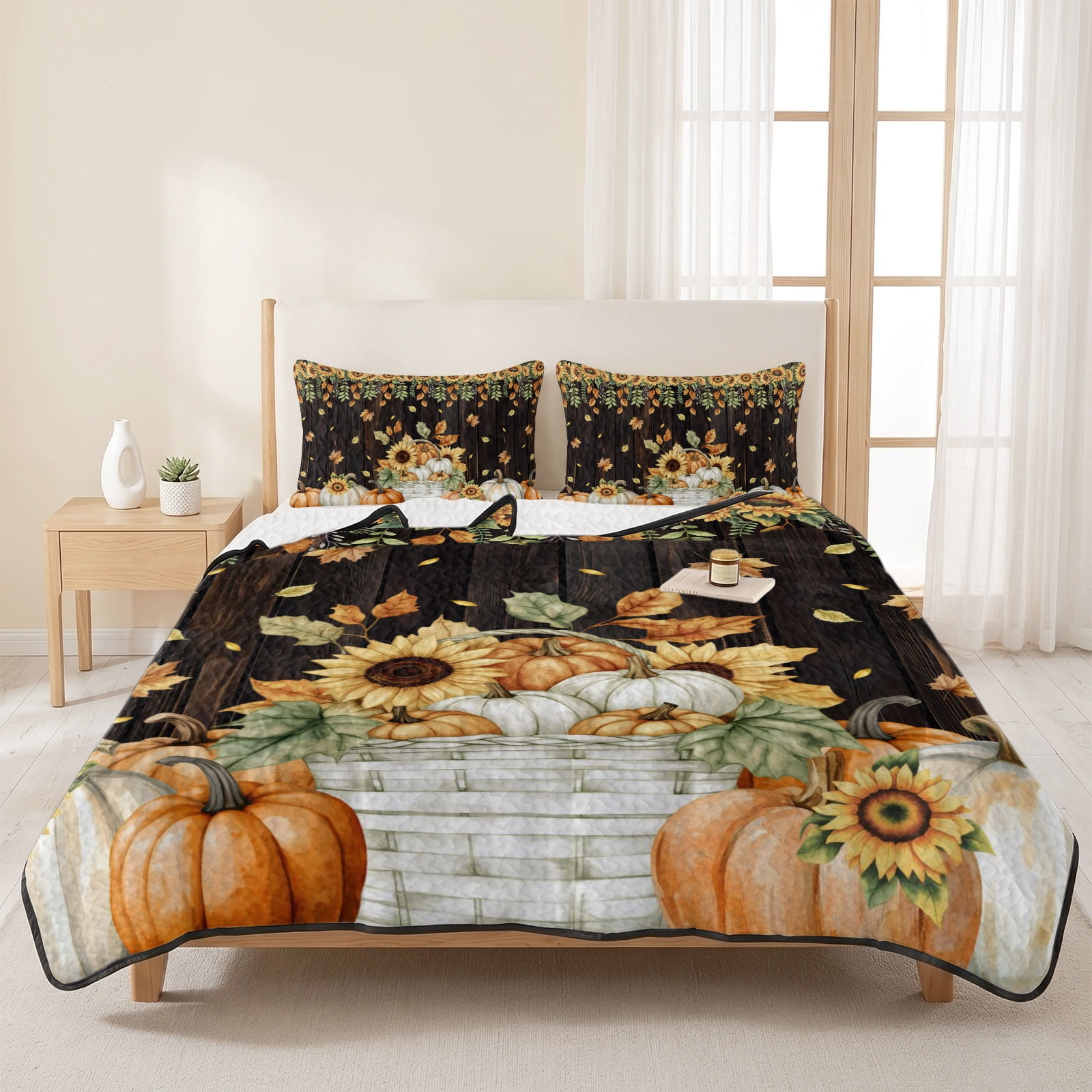90x96in Quilt Bedding Set, Pastoral Pumpkin Maple Leaf Sunflower ...