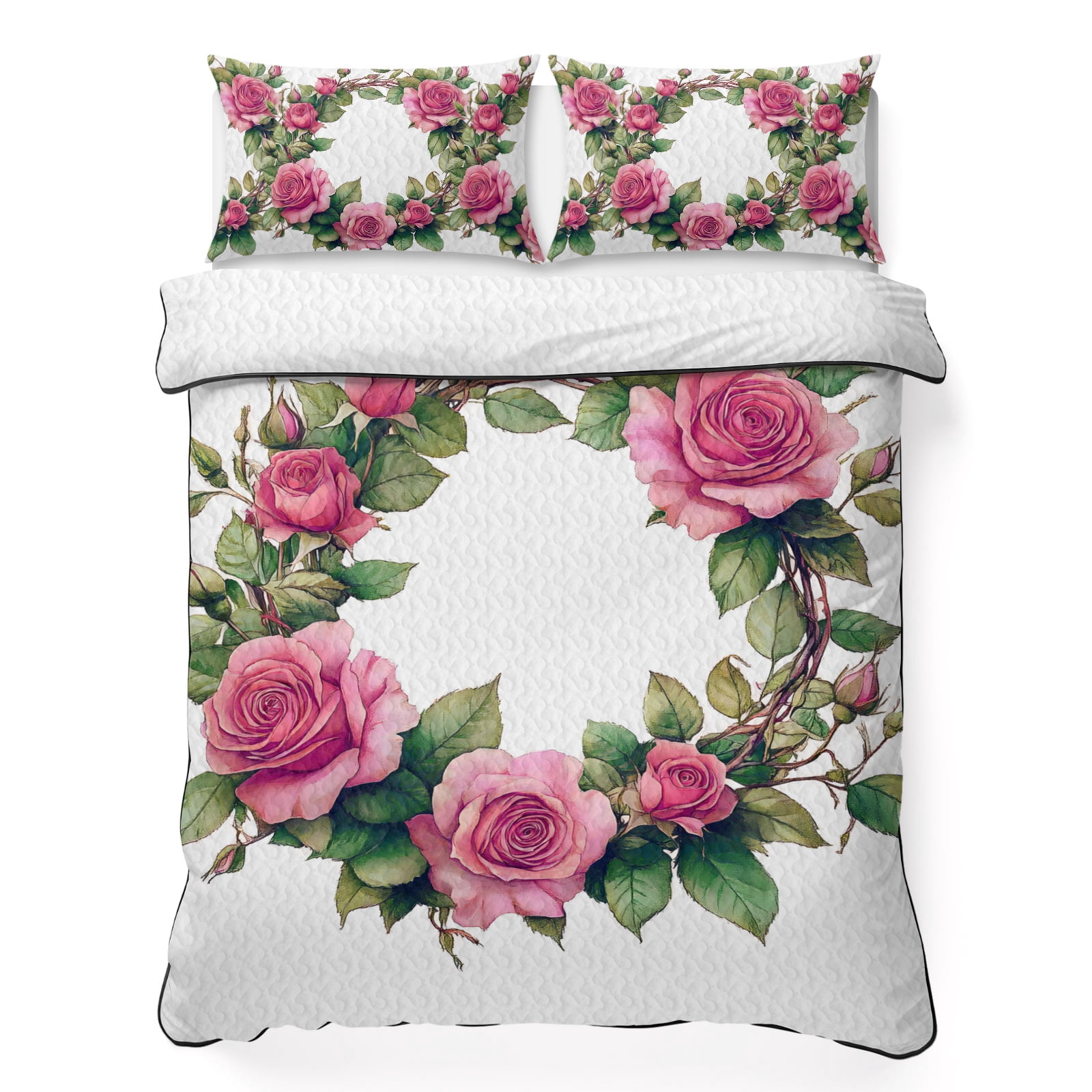 Queen Quilt Bedding Set Pink Rose Flower Spring Green Leaves Breathable ...