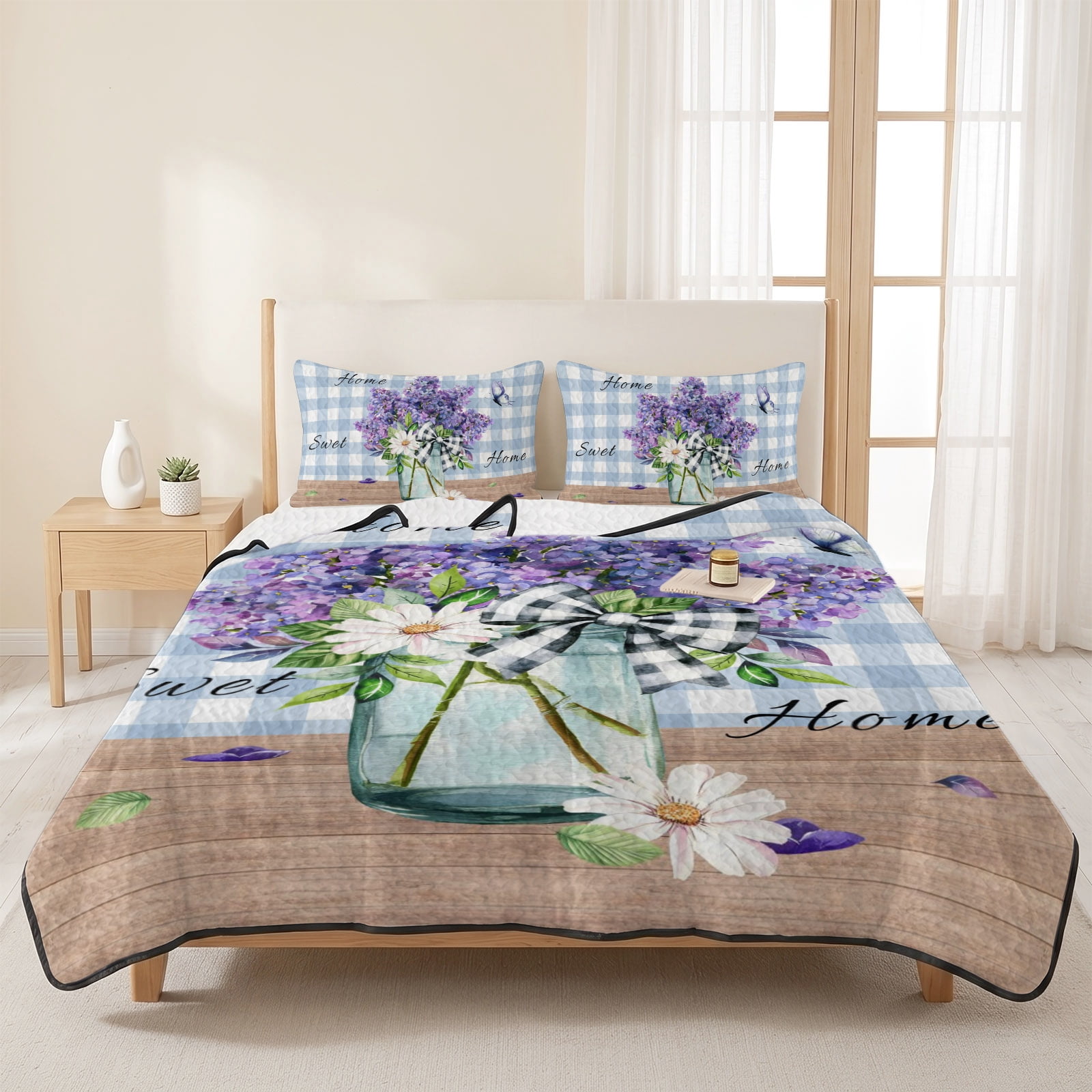 90x96in Quilt Bedding Set, Spring Flowers Lavender Daisy Lightweight ...