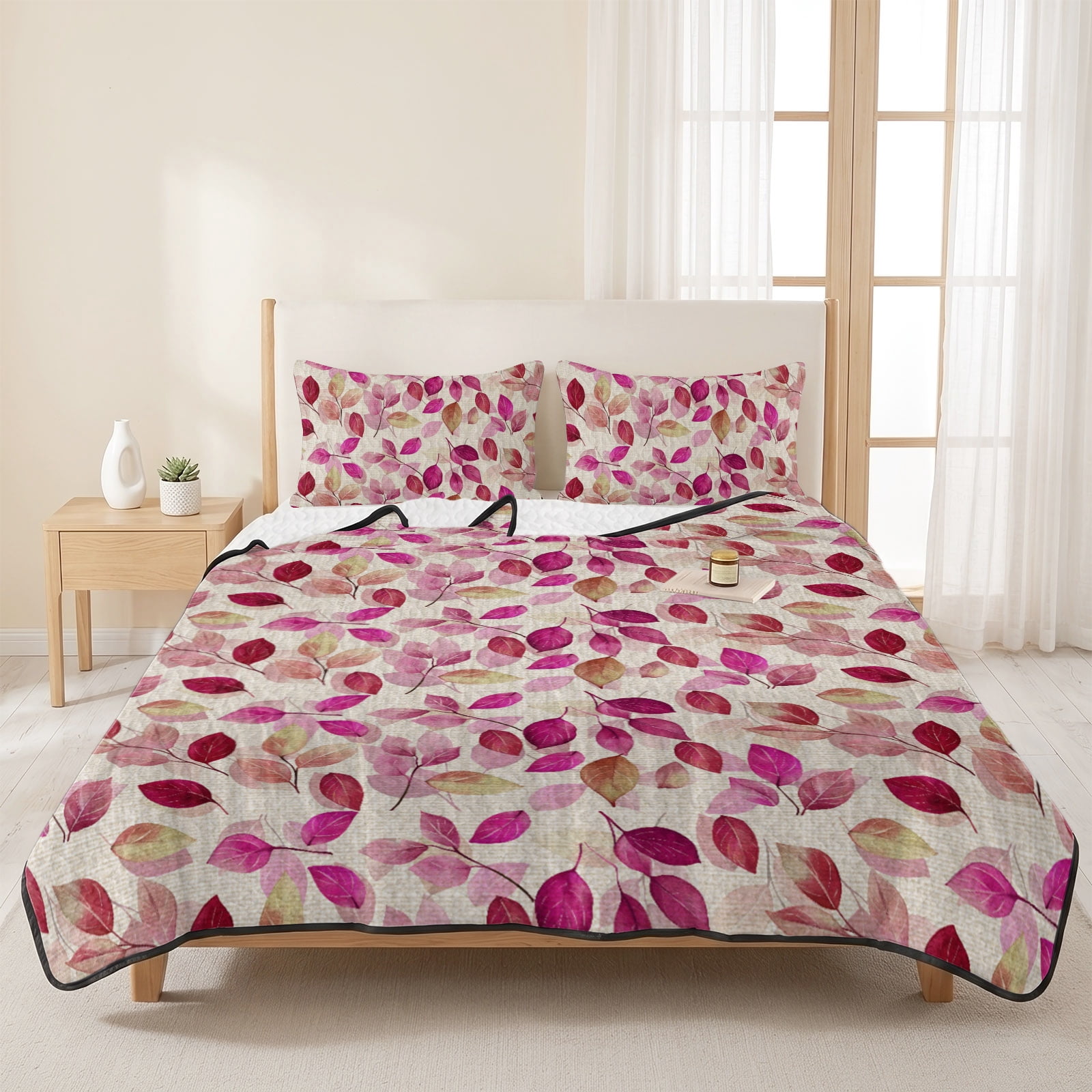 90x96in Quilt Bedding Set, Spring Ombre Red Pink Botanical Lightweight ...
