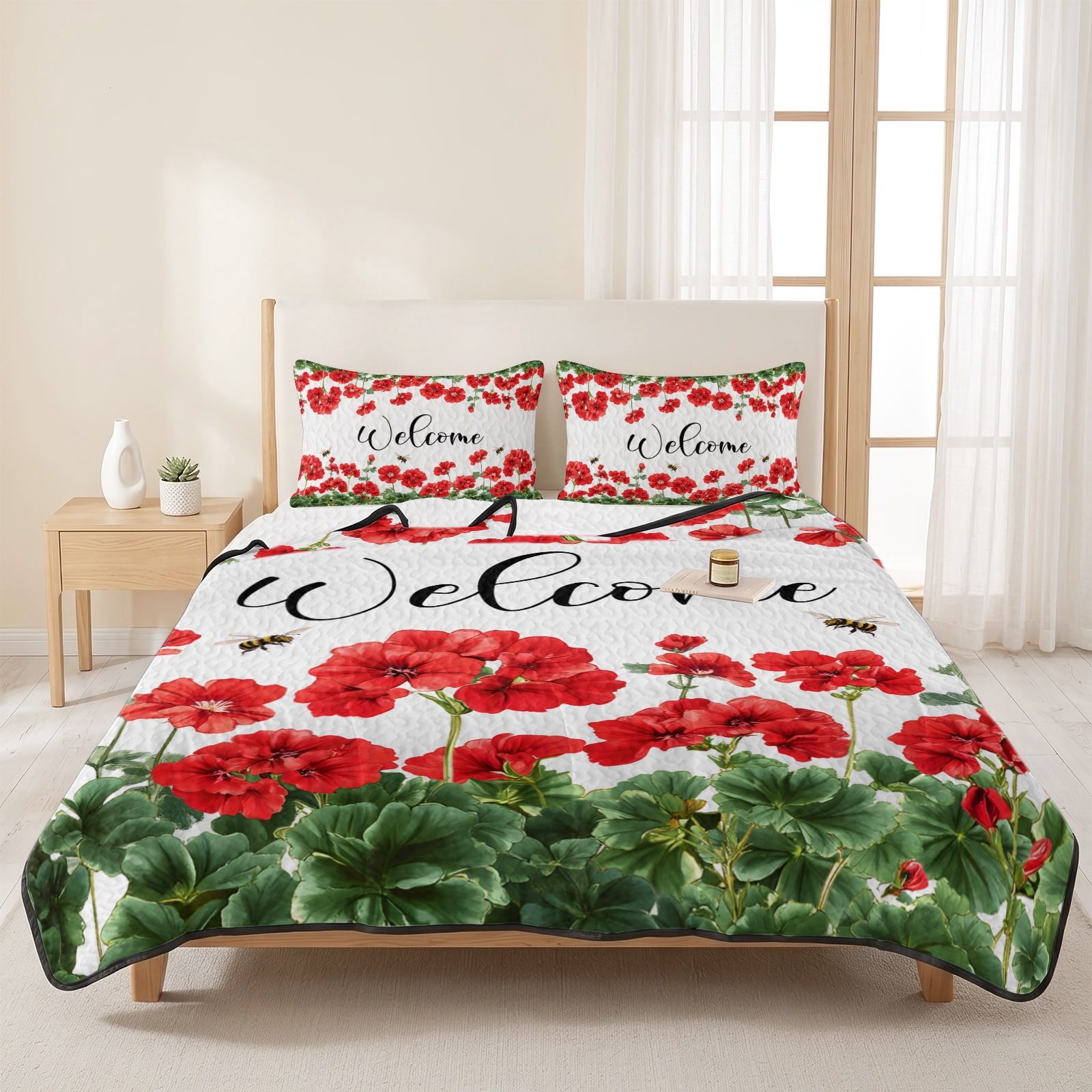 90x96in Quilt Bedding Set, Summer Countryside Red Flowers Lightweight ...
