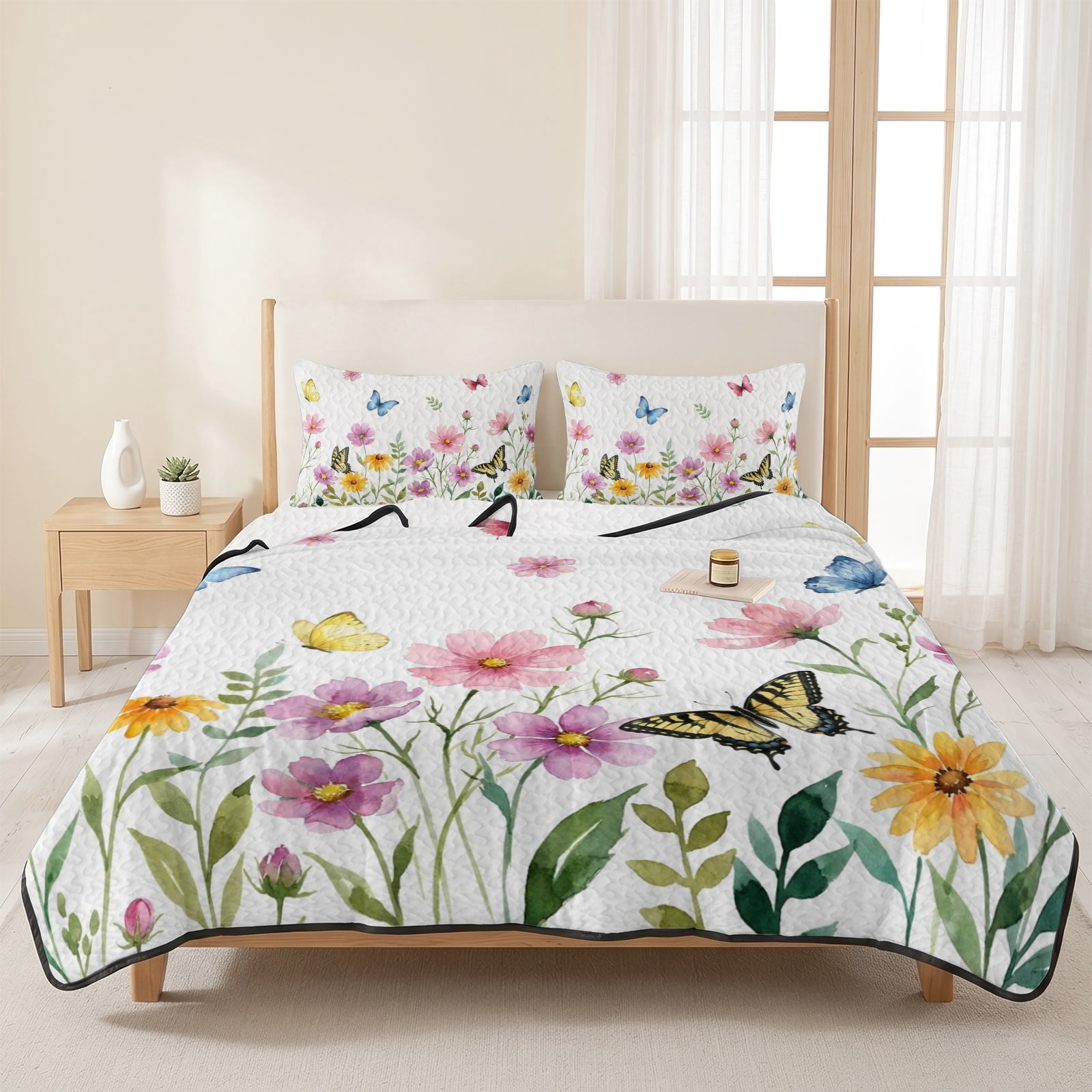 90x96in Quilt Bedding Set, Summer Flower Colorful Butterflies ...