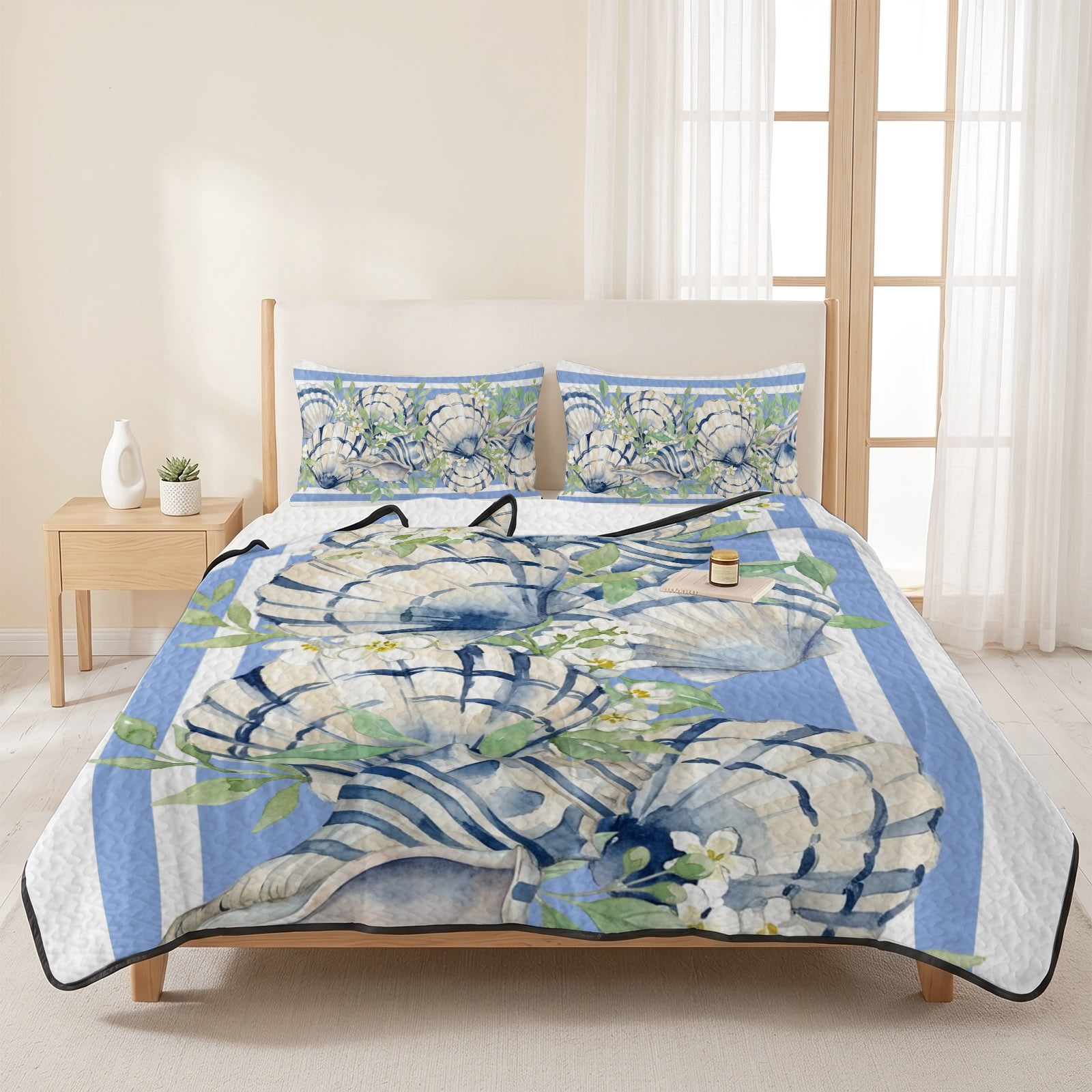90x96in Quilt Bedding Set, Summer Sea Conch Shells Lightweight Coverlet ...