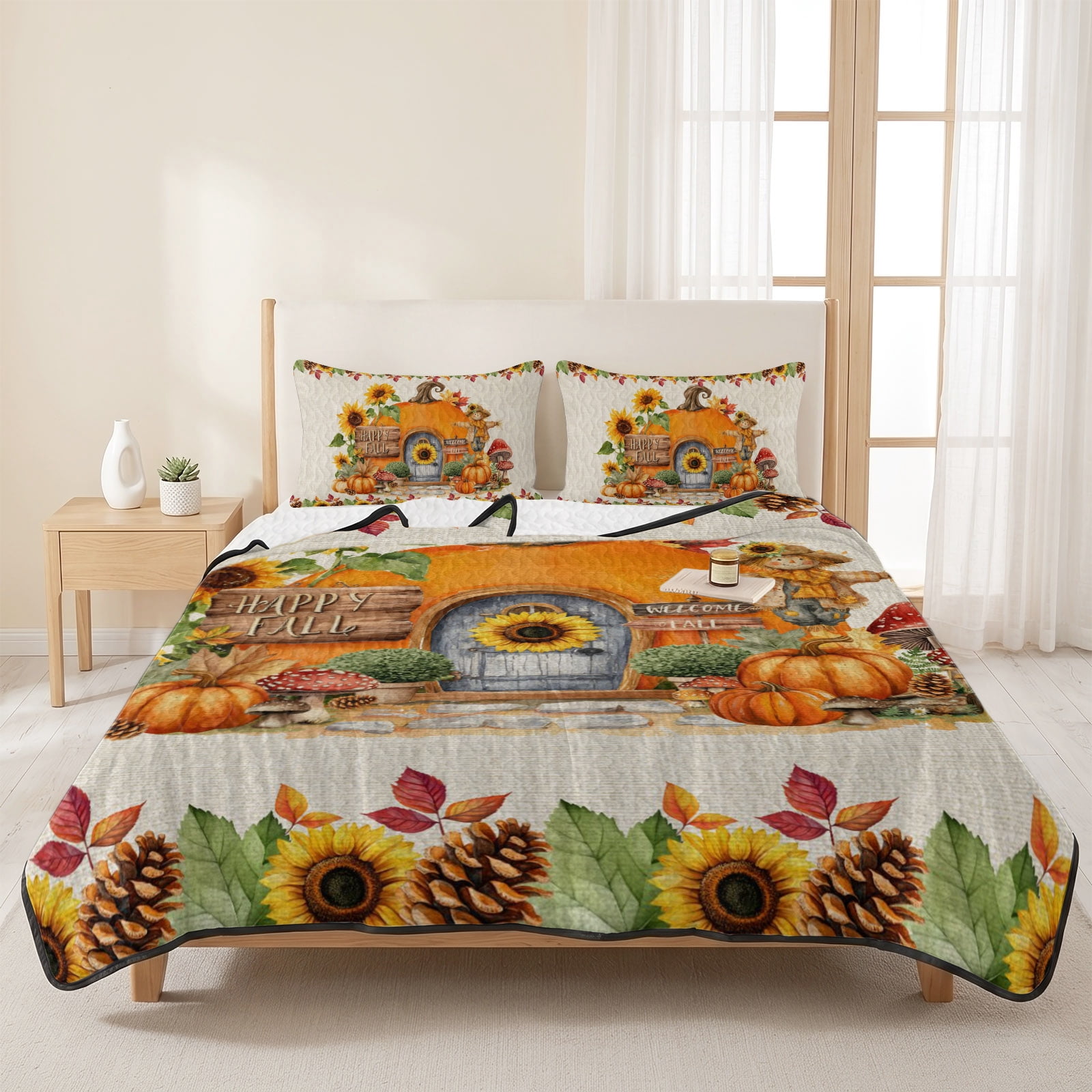 90x96in Quilt Bedding Set, Thanksgiving Pumpkin House Sunflower ...