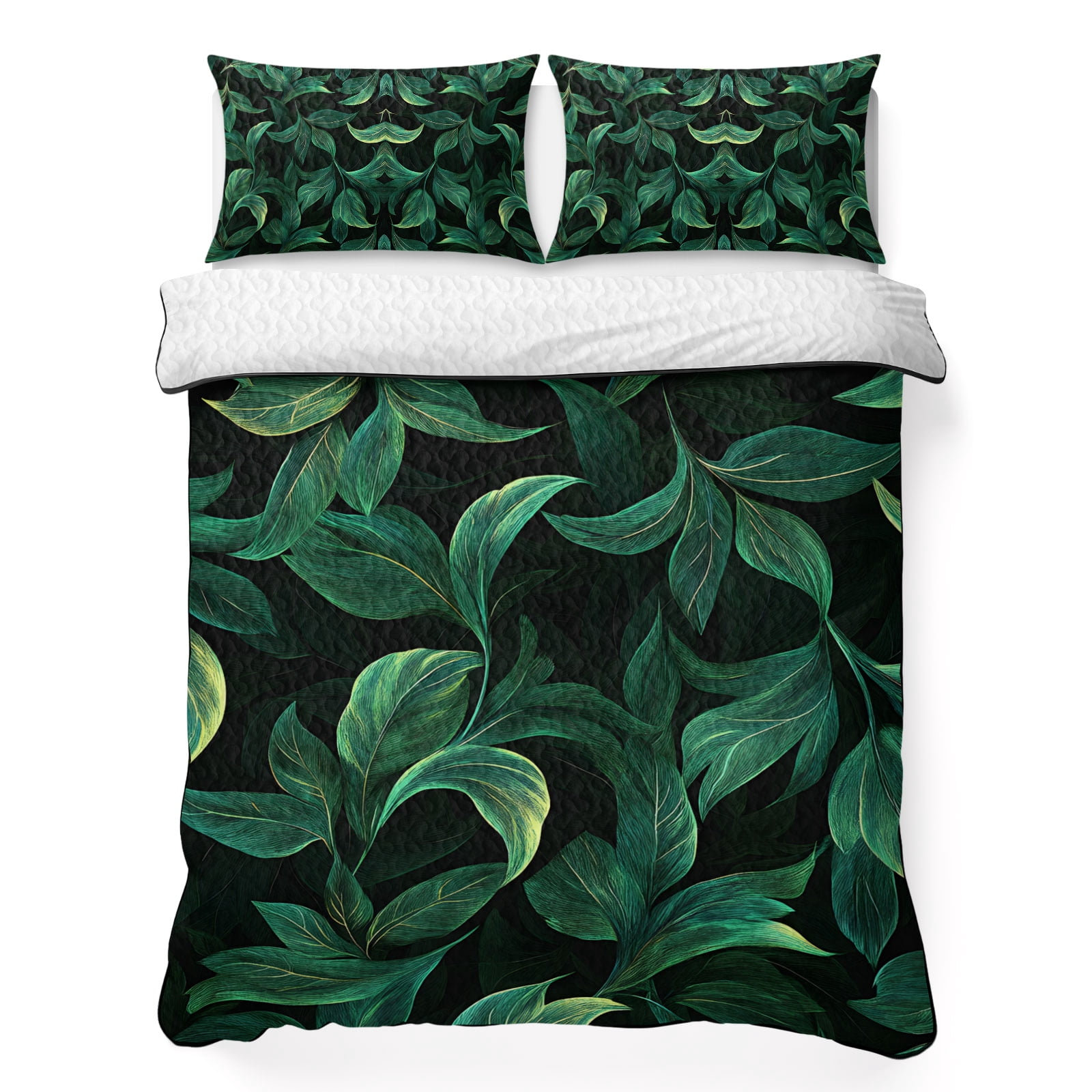 Queen Quilt Bedding Set Tropical Leaves Green Watercolor Breathable ...