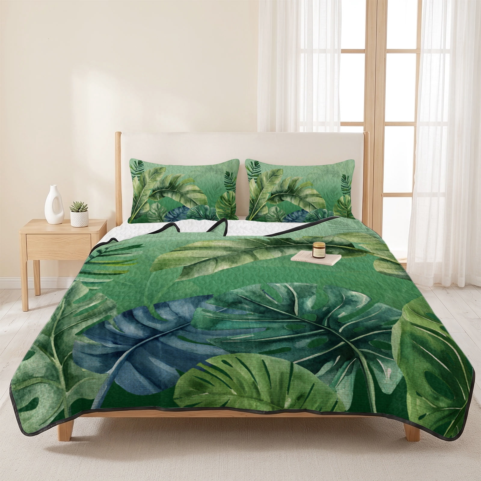 90x96in Quilt Bedding Set, Tropical Plants Green Banana Leaves ...
