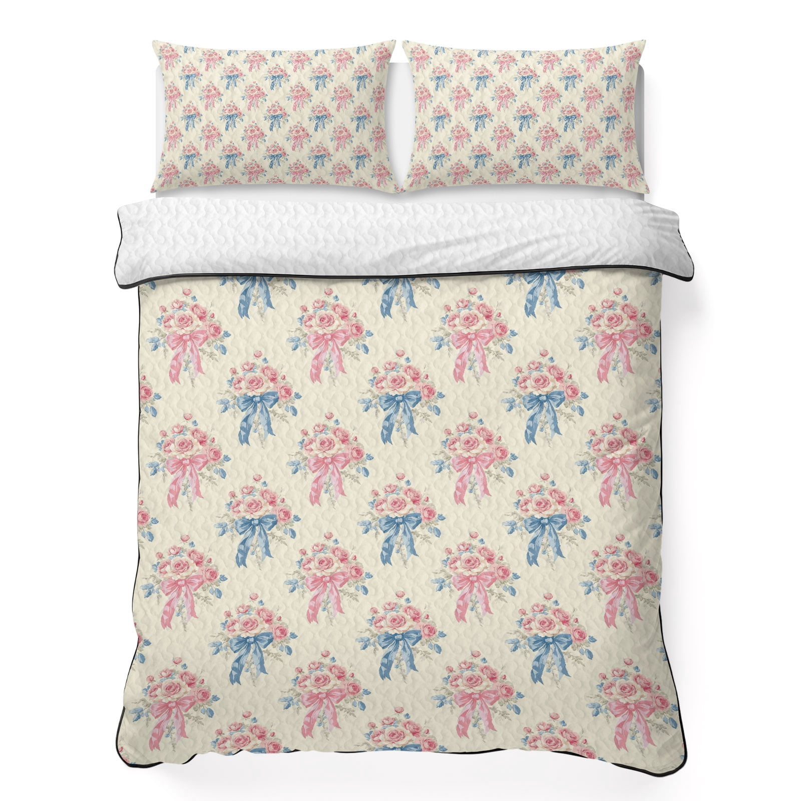 Queen Quilt Bedding Set Valentine's Day Pink Rose Bouquet Breathable ...