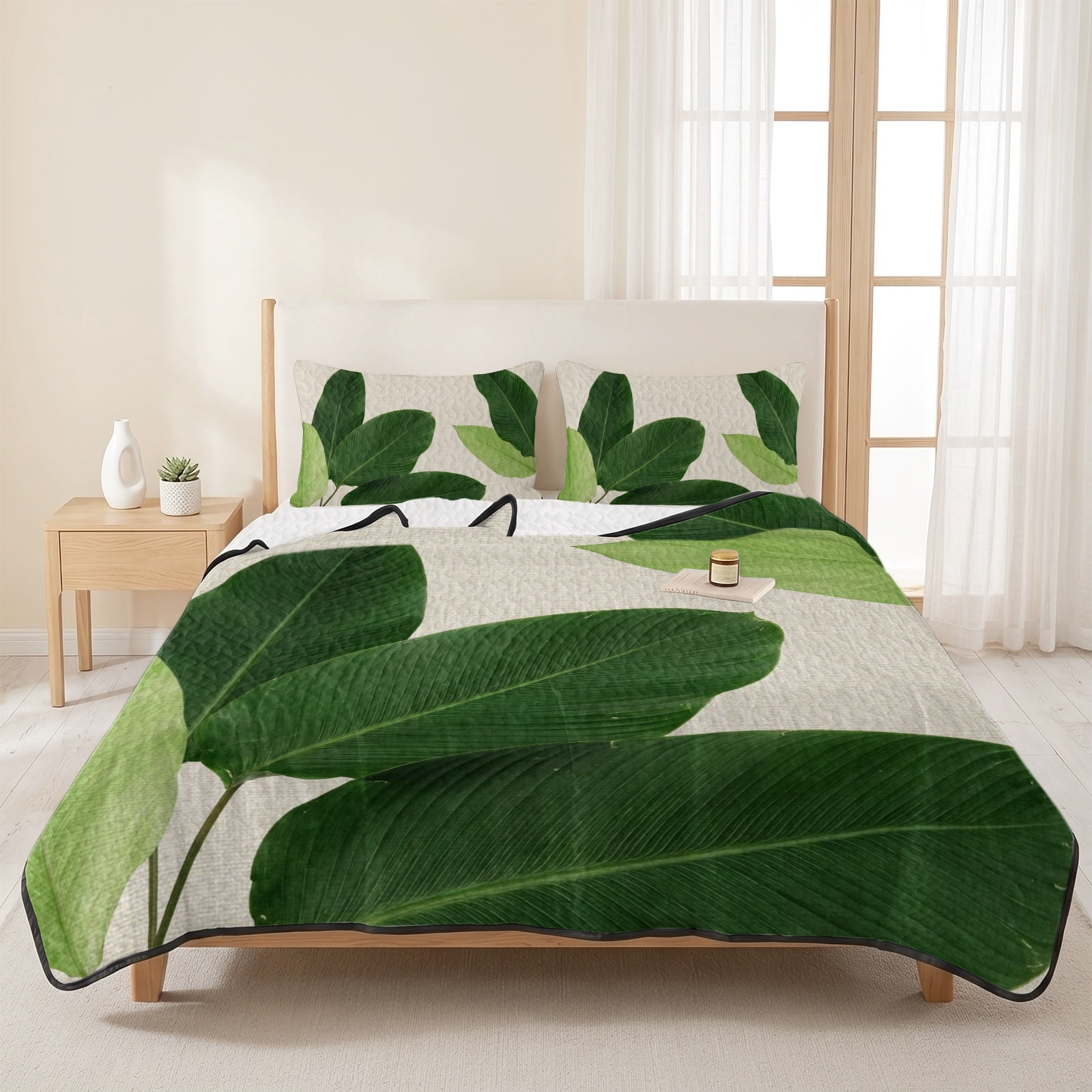 90x96in Quilt Bedding Set, Vintage Green Large Banana Leaves ...