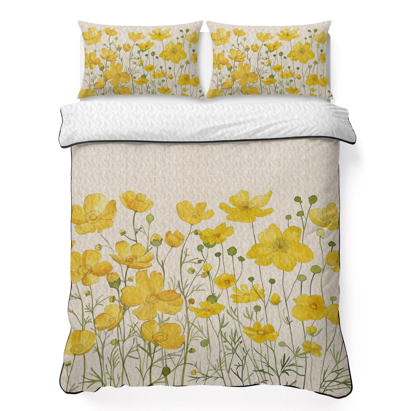 Queen Quilt Bedding Set Watercolor Blossom Flower on Burlap Breathable ...