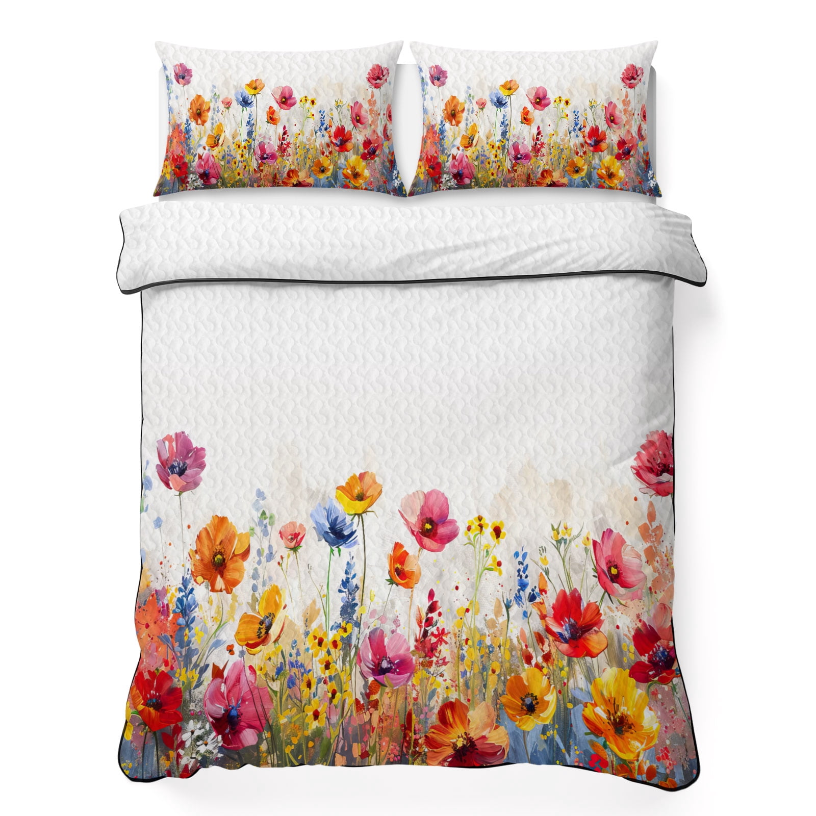Queen Quilt Bedding Set Watercolor Country Flowers Breathable Summer ...