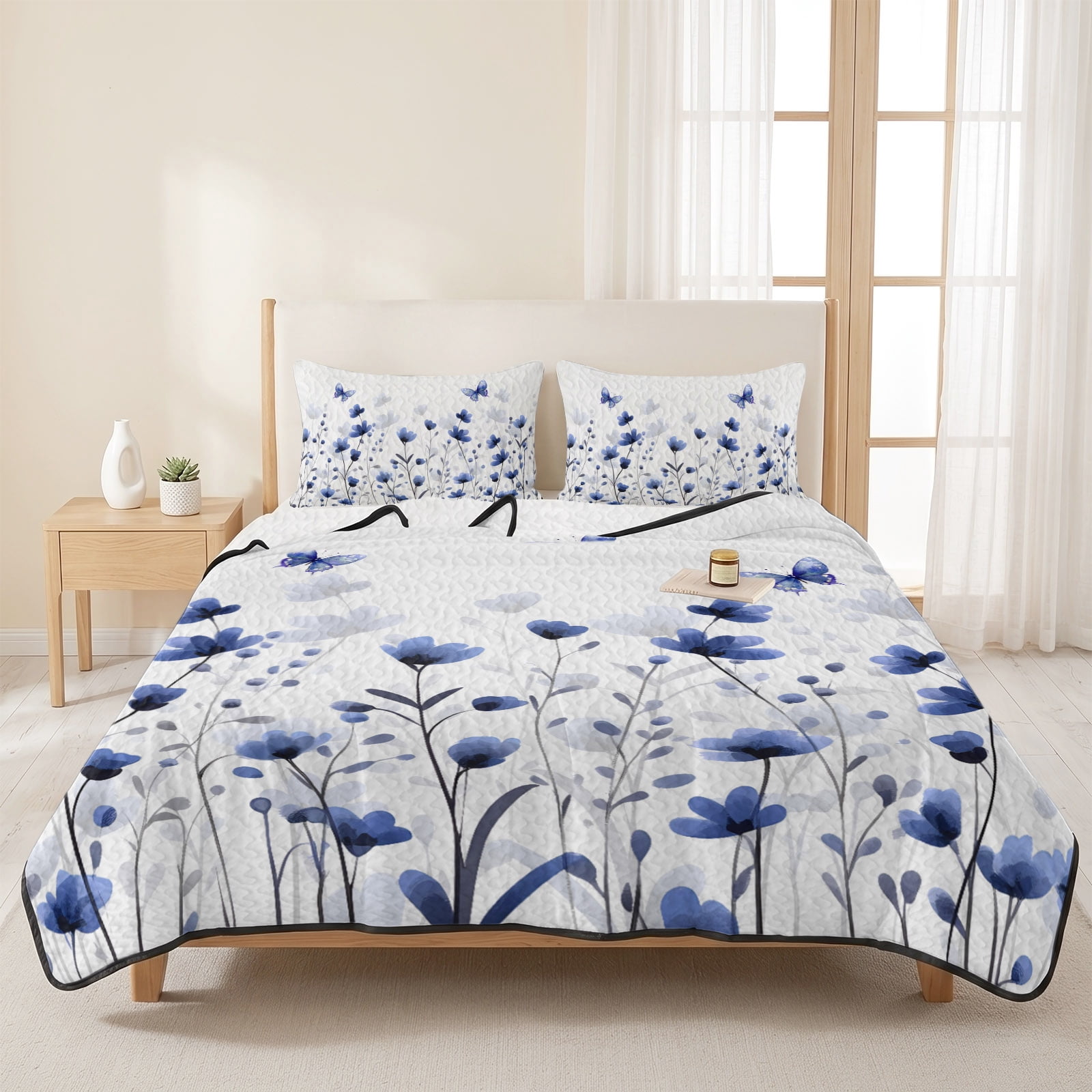 90x96in Quilt Bedding Set, Watercolor Country Flowers Lightweight ...