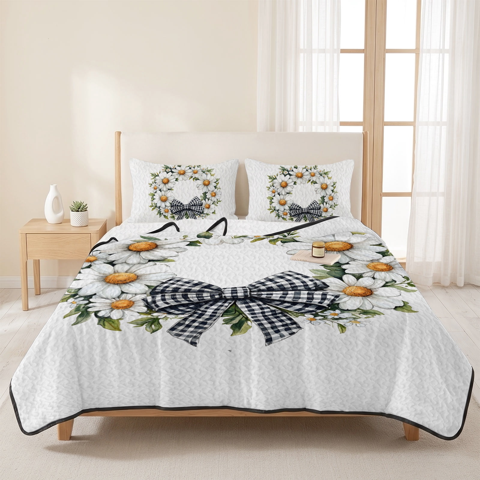 90x96in Quilt Bedding Set, Watercolor Daisy Flower Wreath Bow ...