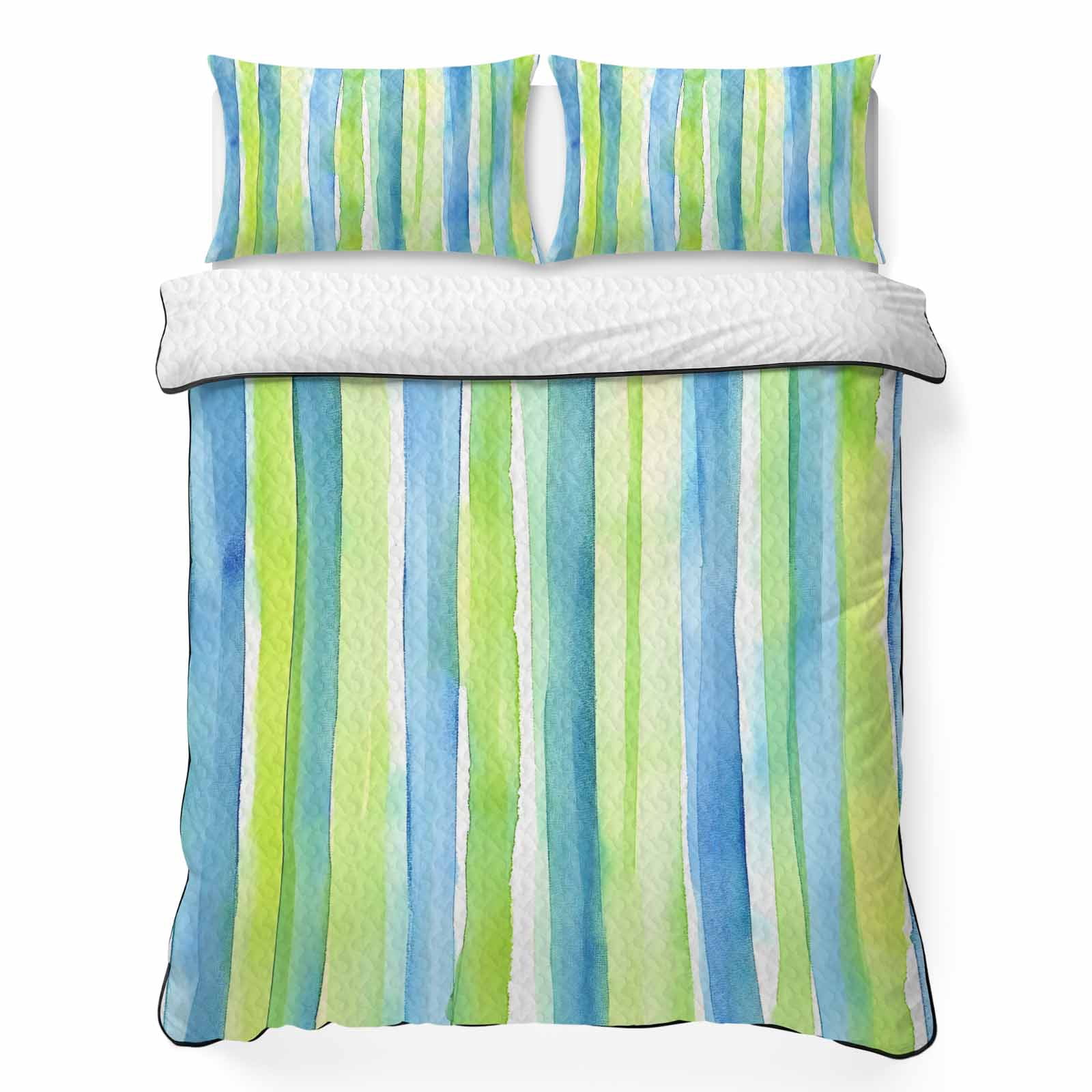 Queen Quilt Bedding Set Watercolor Green Blue Stripe Breathable Summer ...