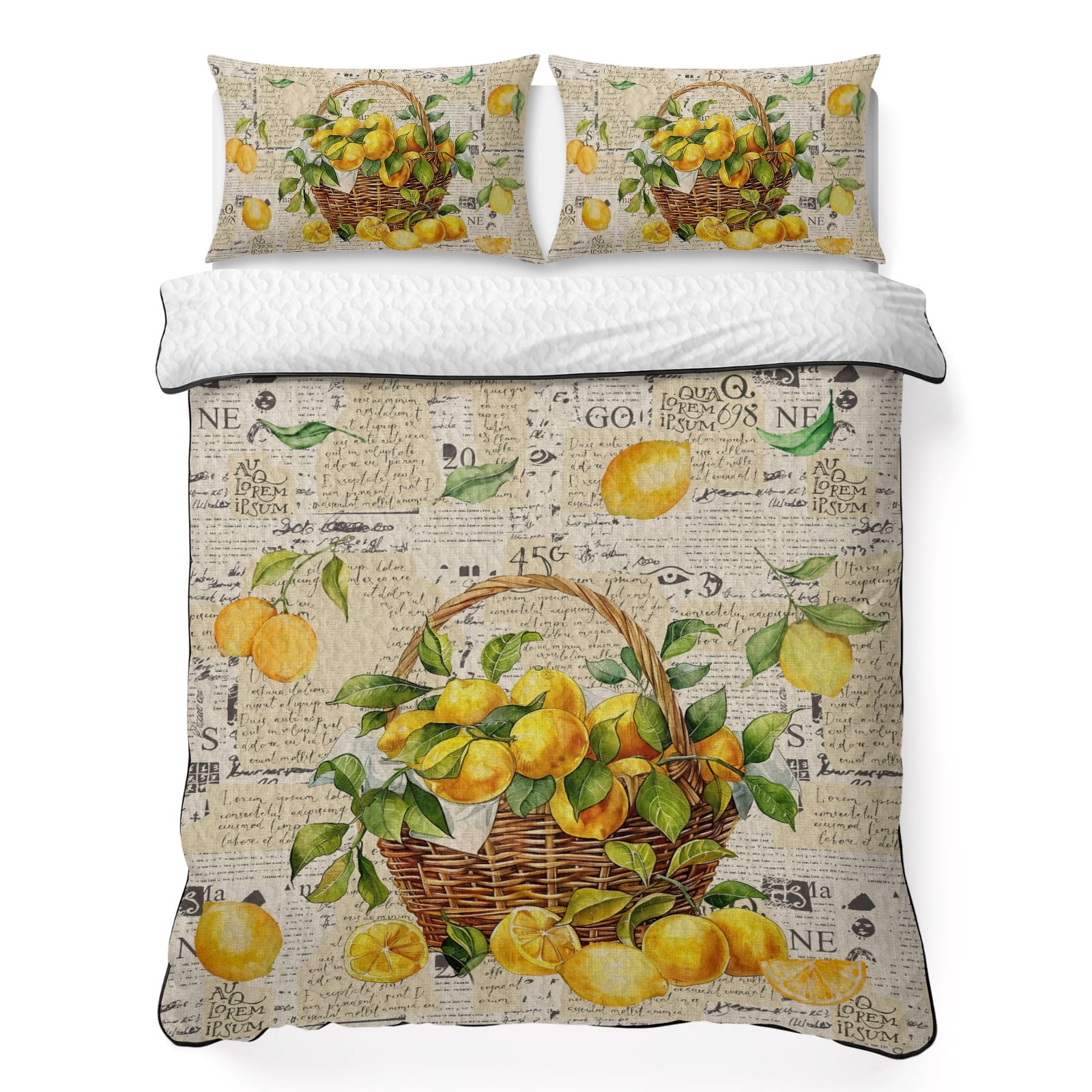 Queen Quilt Bedding Set Watercolor Lemon Fruit Green Leaf Breathable ...