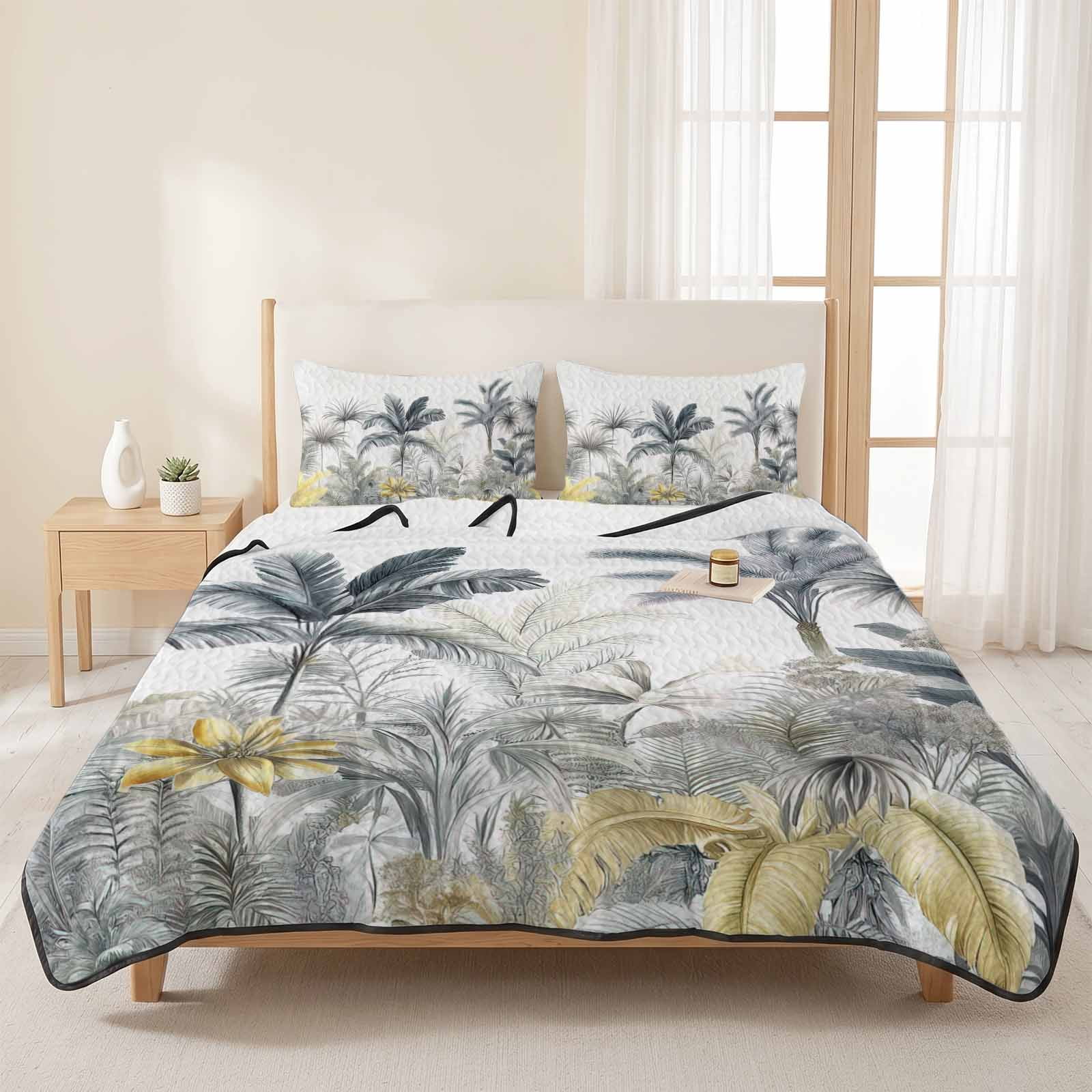 90x96in Quilt Bedding Set, Watercolor Tropic Palm Coconut Tree ...