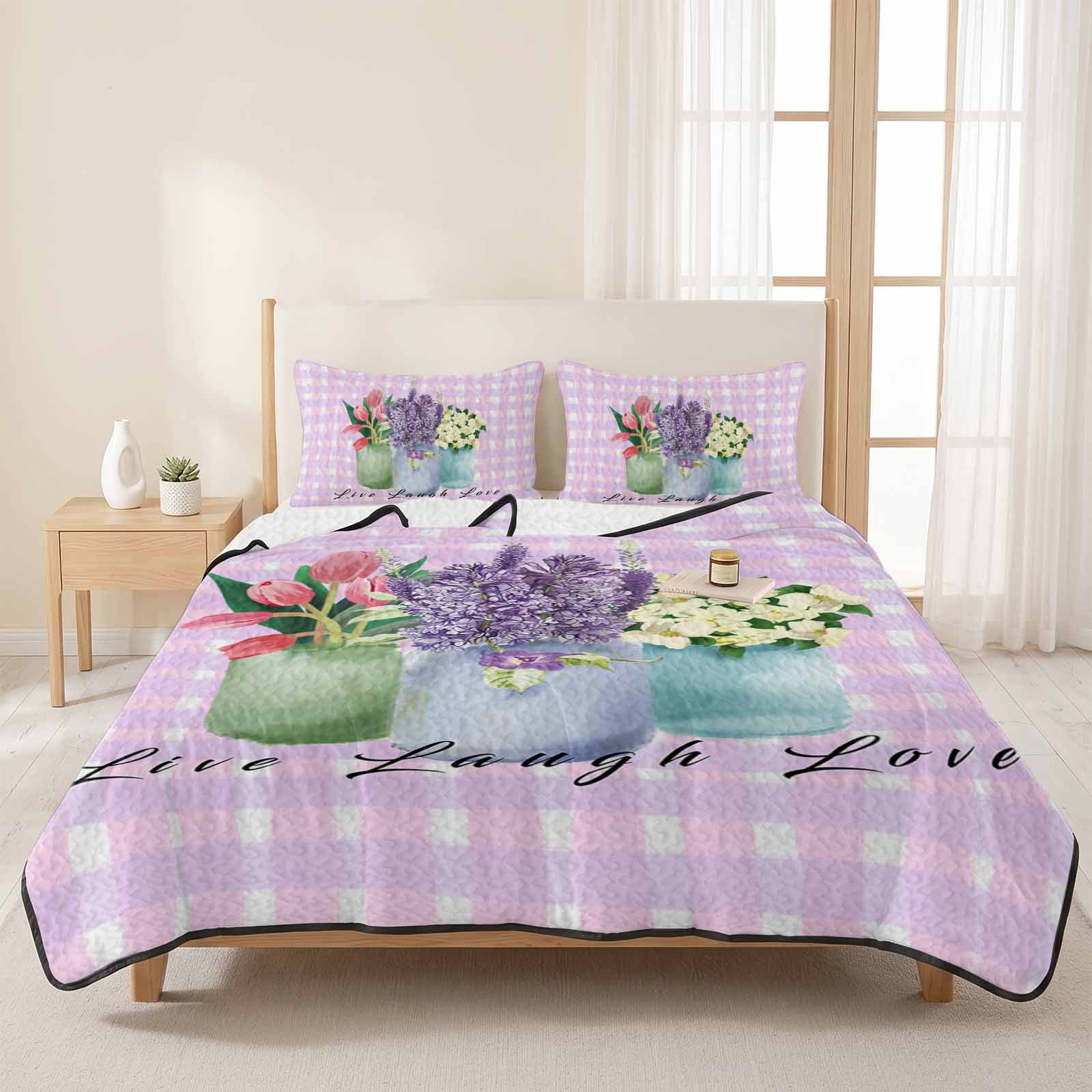 90x96in Quilt Bedding Set, Watercolor Tulip Lavender Flower Vase ...