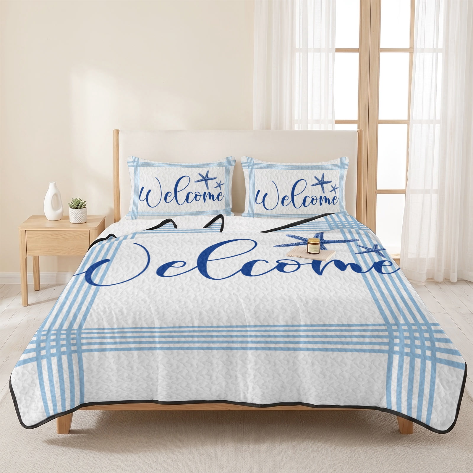90x96in Quilt Bedding Set, Welcome Words Blue Stripe Lightweight ...