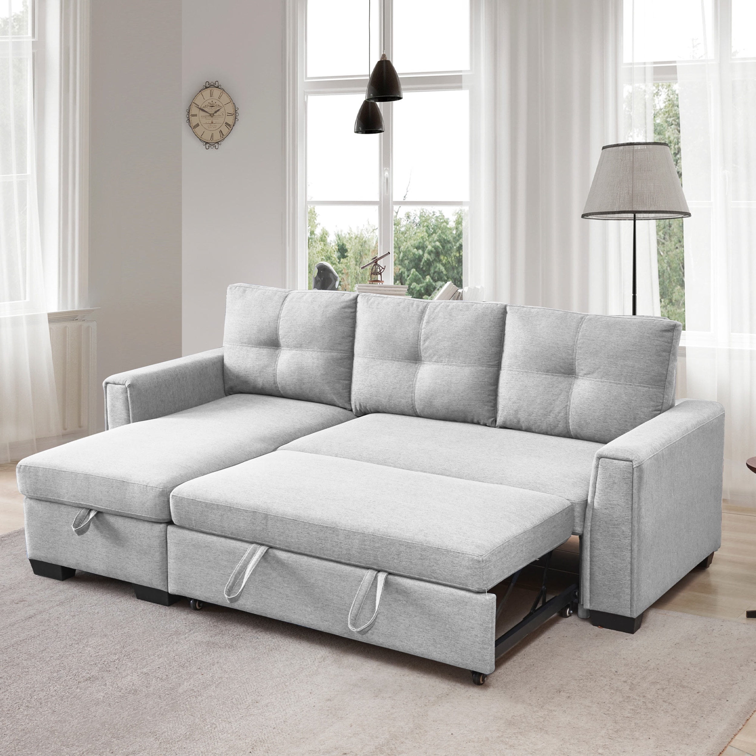 91.7" Pull-Out Sleeper Bed, L-Shape 3-Seater Modular Fabric Convertible ...
