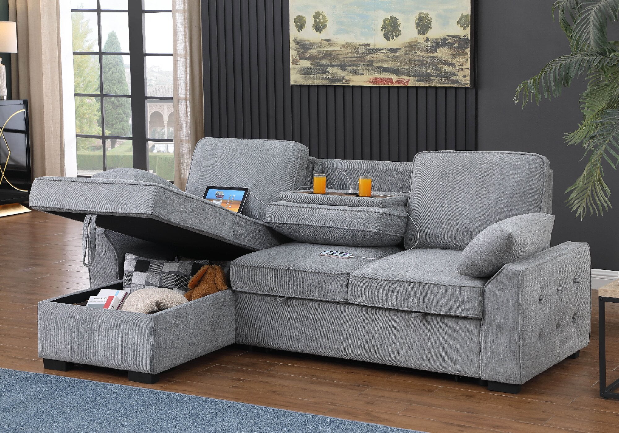 91" Chenille Fabric Reversible Sofa Bed, Reclining Sleeper Sofa Bed ...