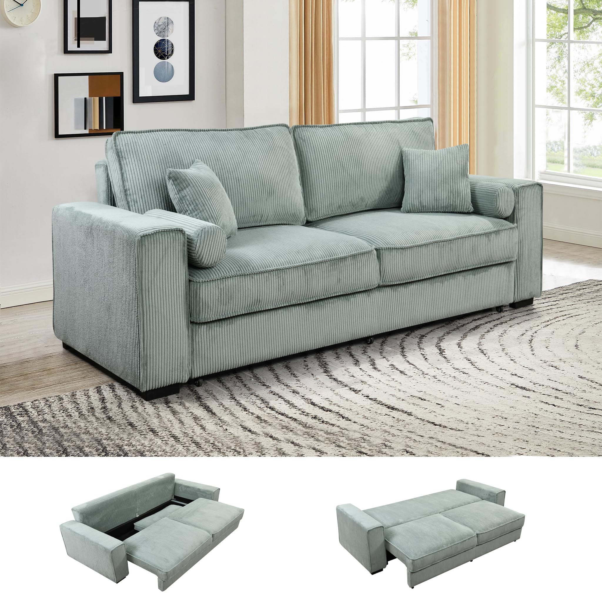 91" Corduroy Queen Size Sleeper Sofa Bed with Storage, Modern ...