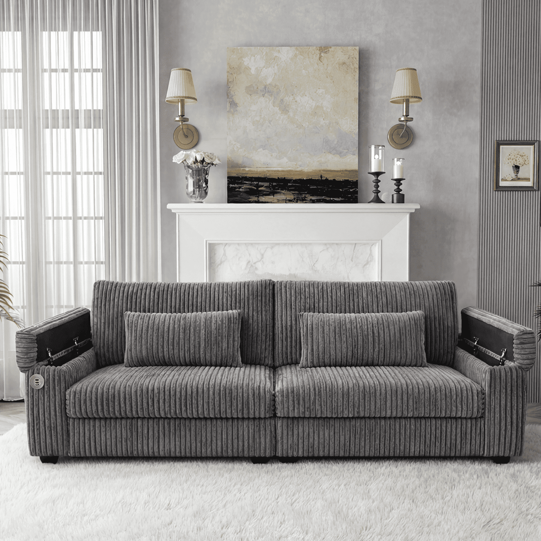 91" Modern Corduroy Sofa with Storage Armrests, Large 2-3 Seater ...