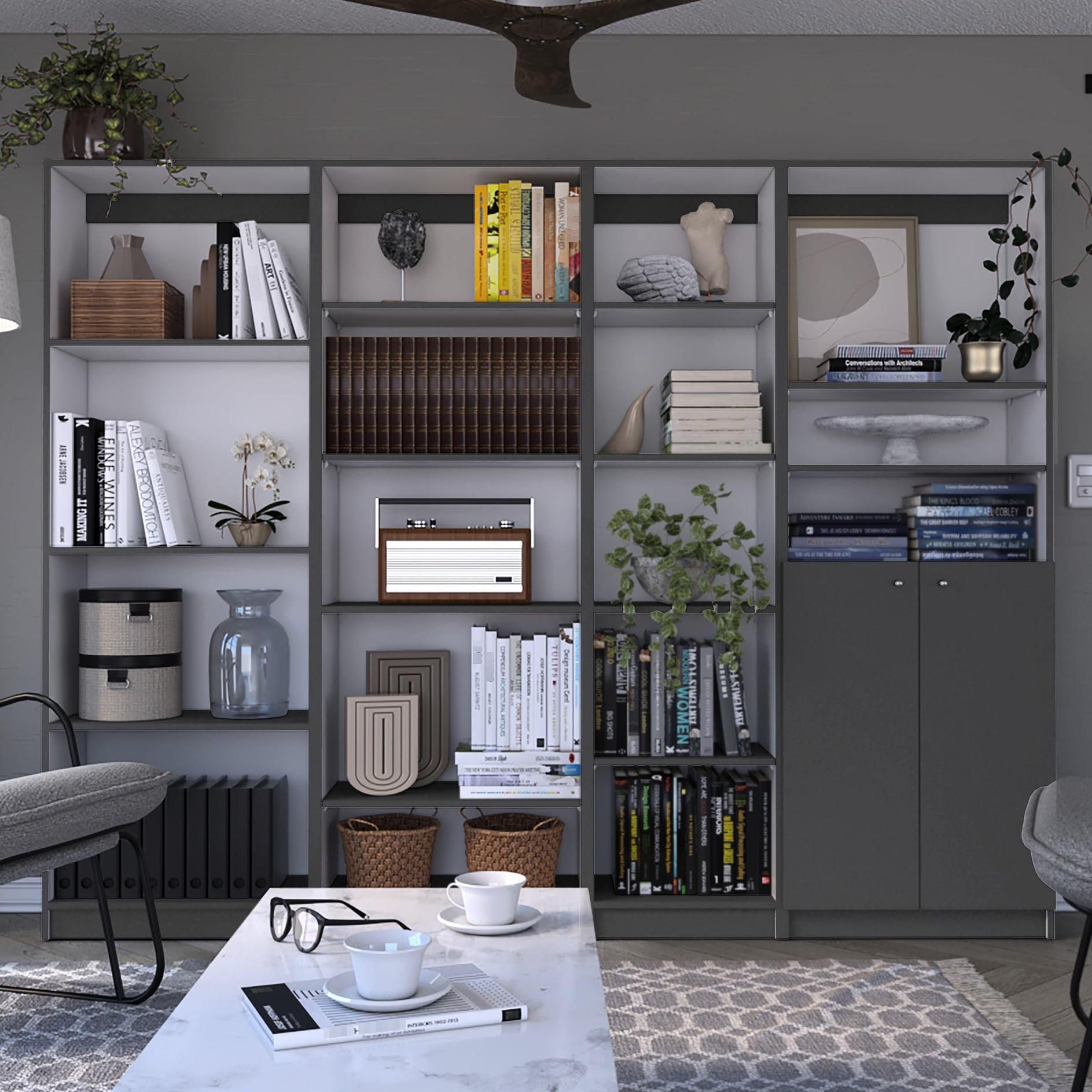 91" Wide Sure Bookcase , 4 Piece With 17 Shelves & Double-door Cabinet ...