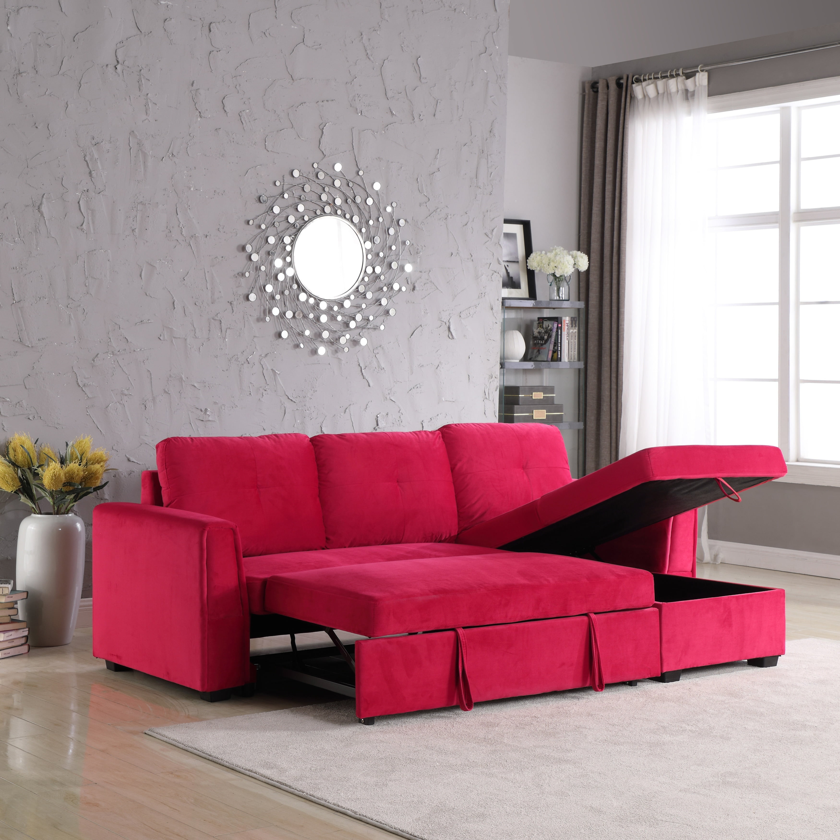 91-in. Velvet Reversible Convertible Storage Sectional/Sofa Sleeper Red ...