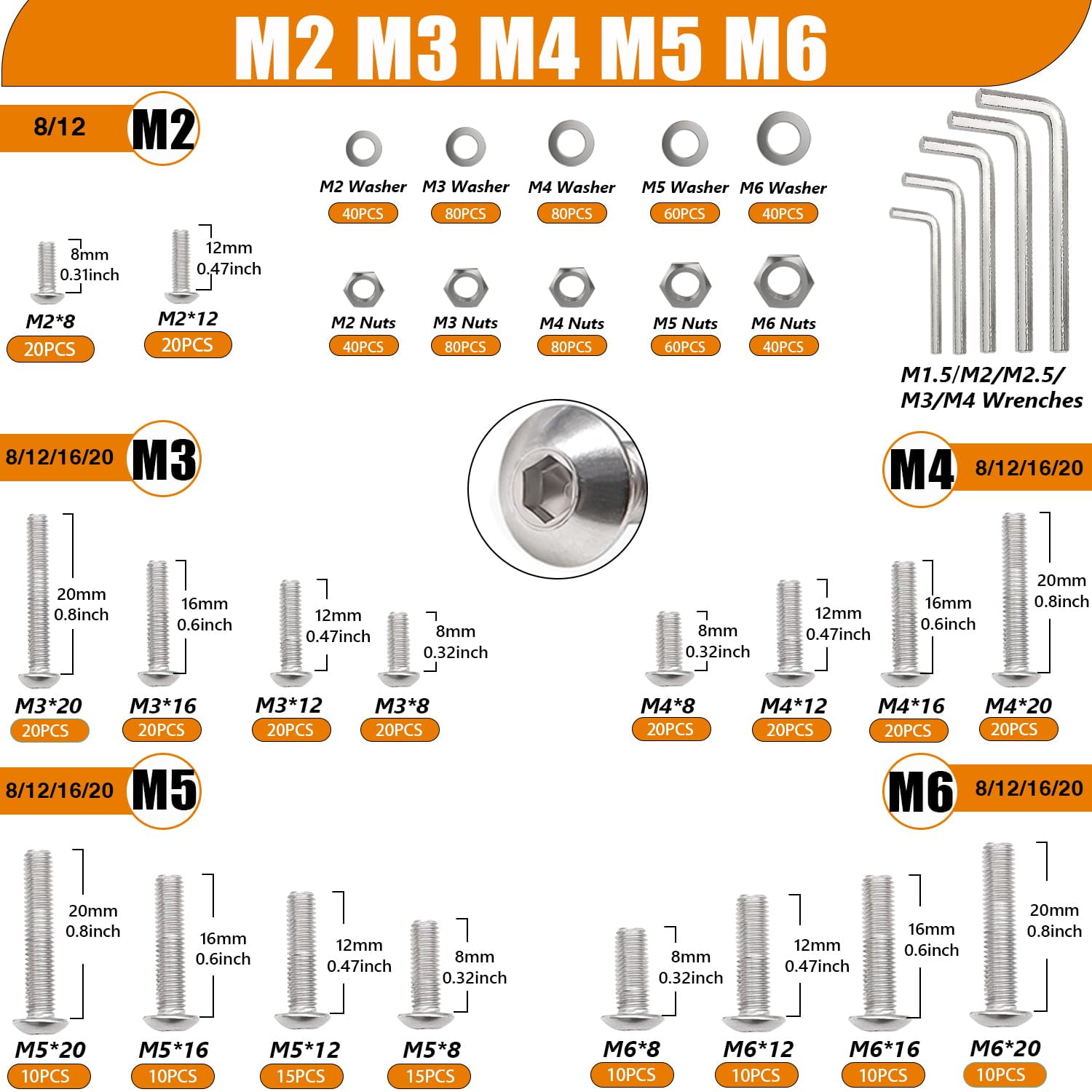 910PCS M2 M3 M4 M5 M6 Screws Kit,304 Stainless Steel Button Head Socket ...